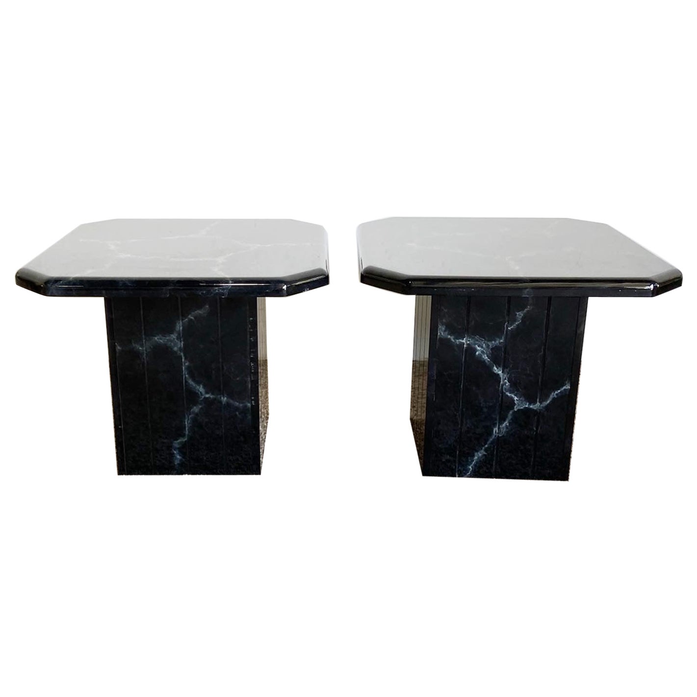 Postmodern Black Faux Marble Side Tables - a Pair For Sale at 1stDibs
