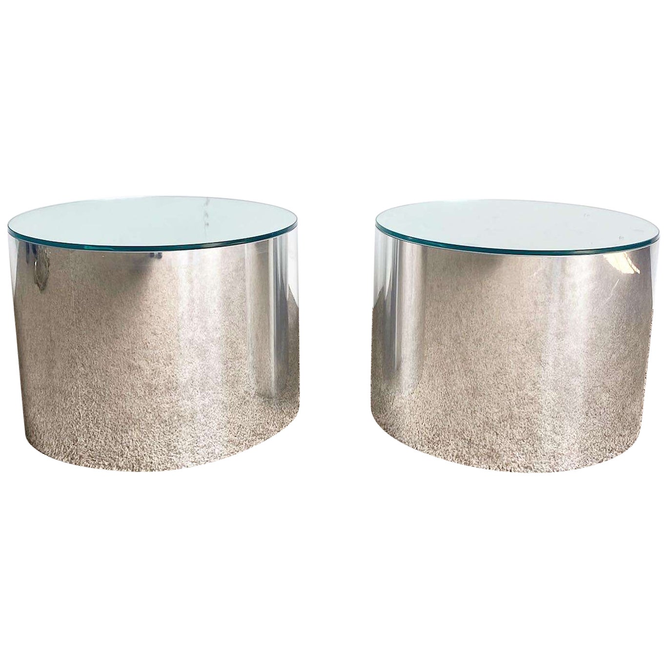 Postmodern Circular Chrome Drum Glass Top Side Table - a Pair For Sale ...