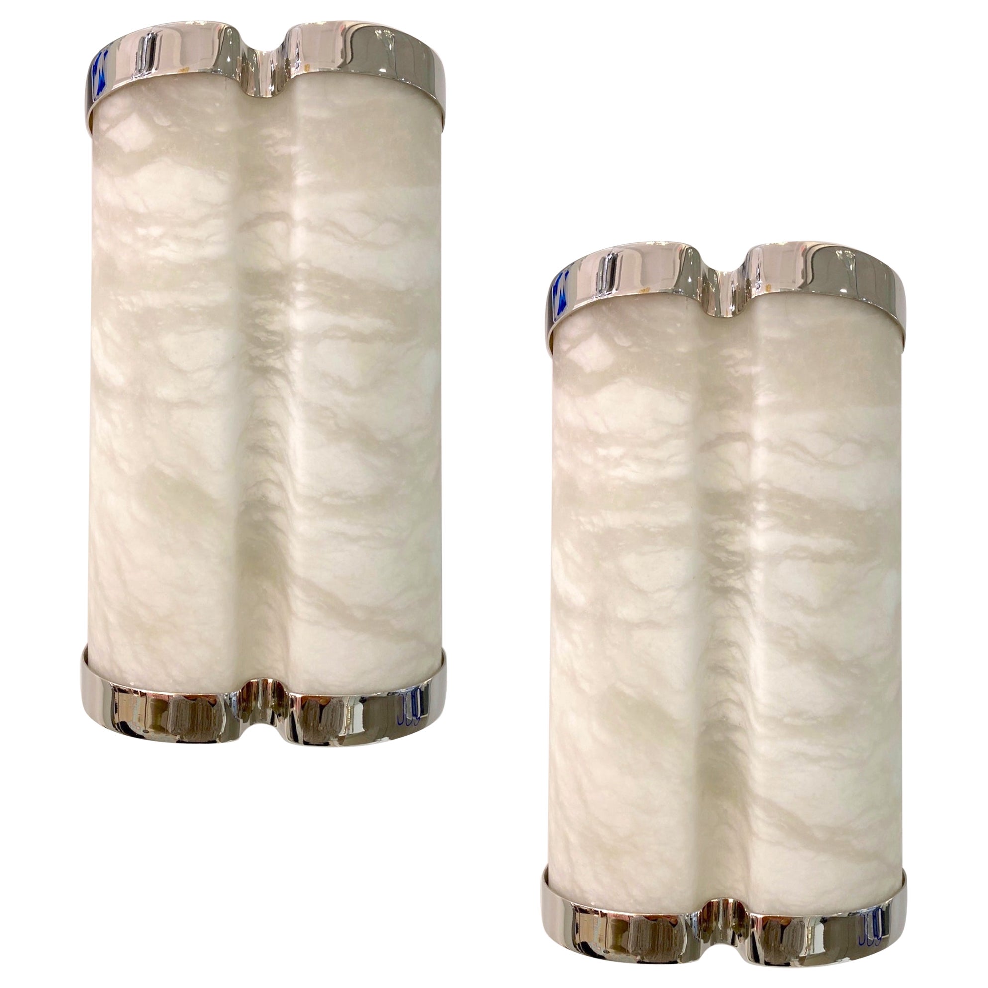 Bespoke Italian Art Deco Style Cream White Alabaster Pair Nickel Edged ...