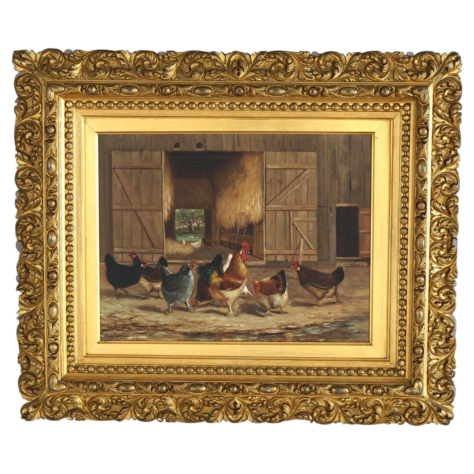 Antique Austrian School Oil Painting of Chickens In Barnyard, Signed ...