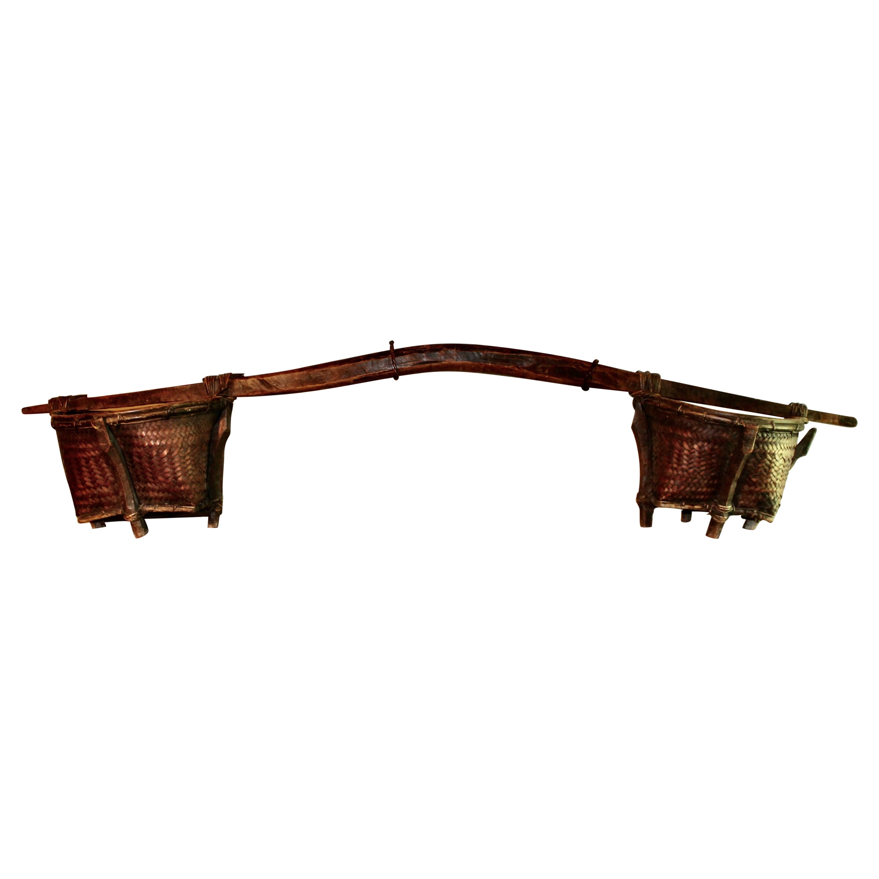 Asian Rice Harvesting Shoulder Yoke with Woven Baskets For Sale at 1stDibs