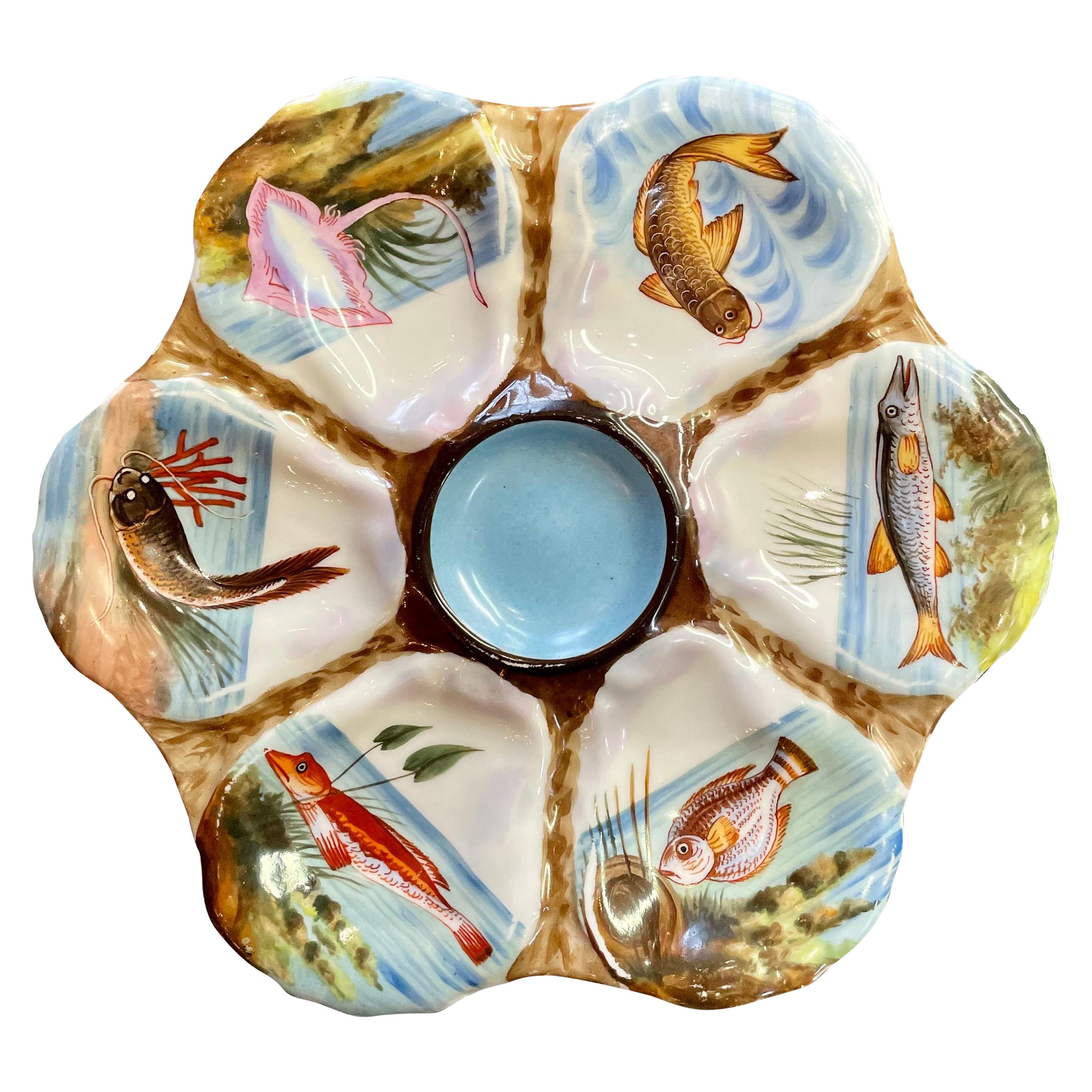 Antique German Porcelain Shaped Oyster Plate w/ Hand-Painted Sea-Life ...