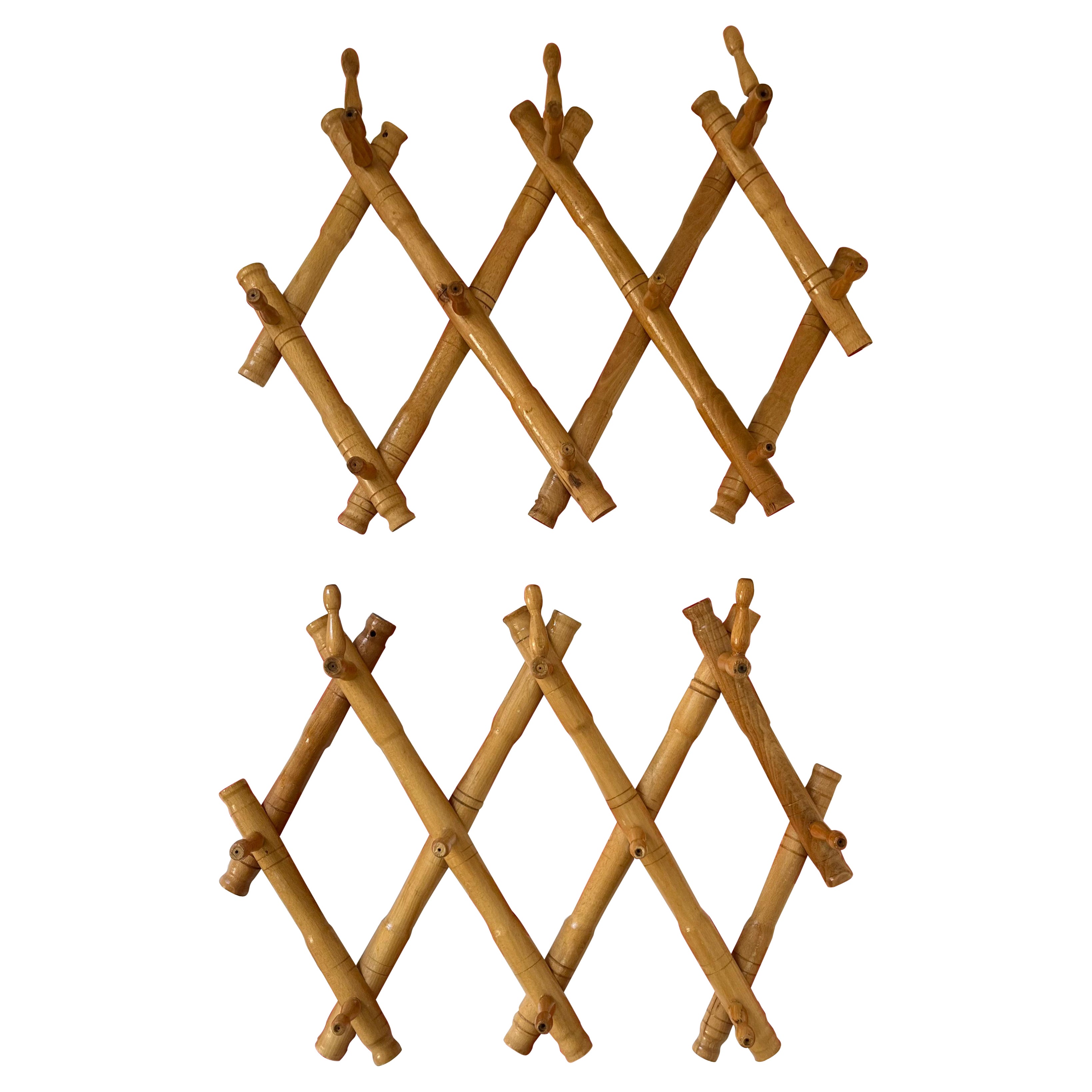 Pair of vintage wooden scissor/extendable coat racks For Sale at 1stDibs