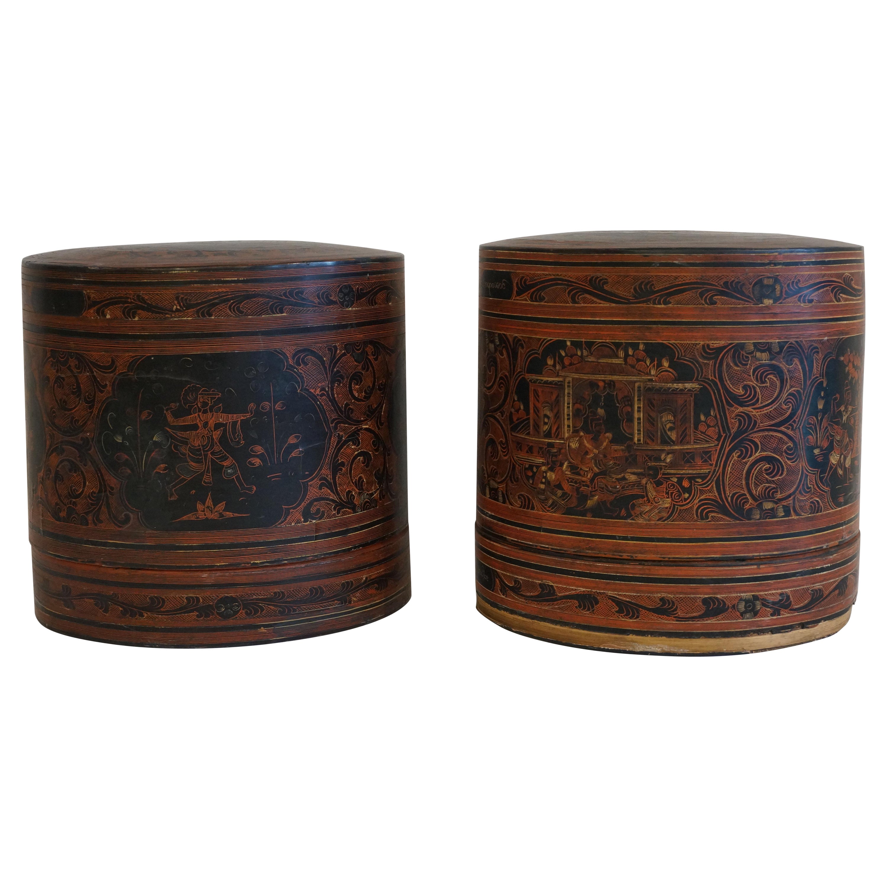 2 Burmese Asian Lacquer Hand Painted 3 Piece Betel Nut Boxes, late 19th ...