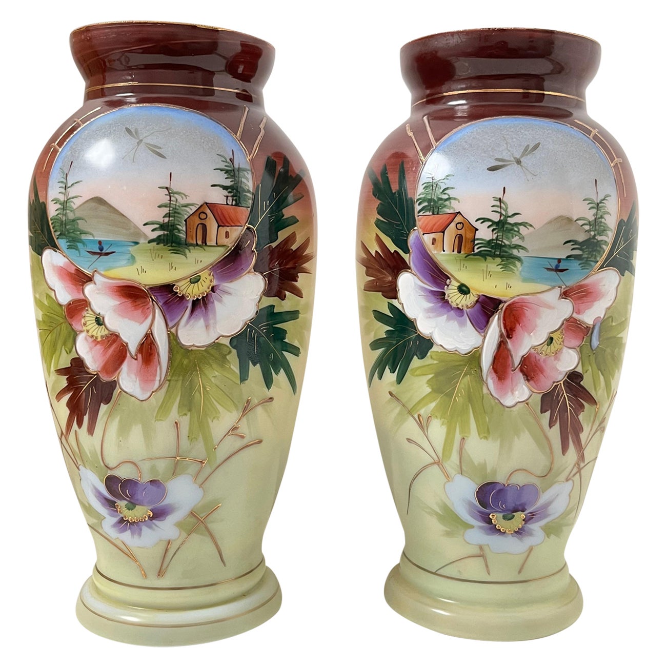Pair of English Vases in Hand Painted Opal Glass, 1930s For Sale at 1stDibs