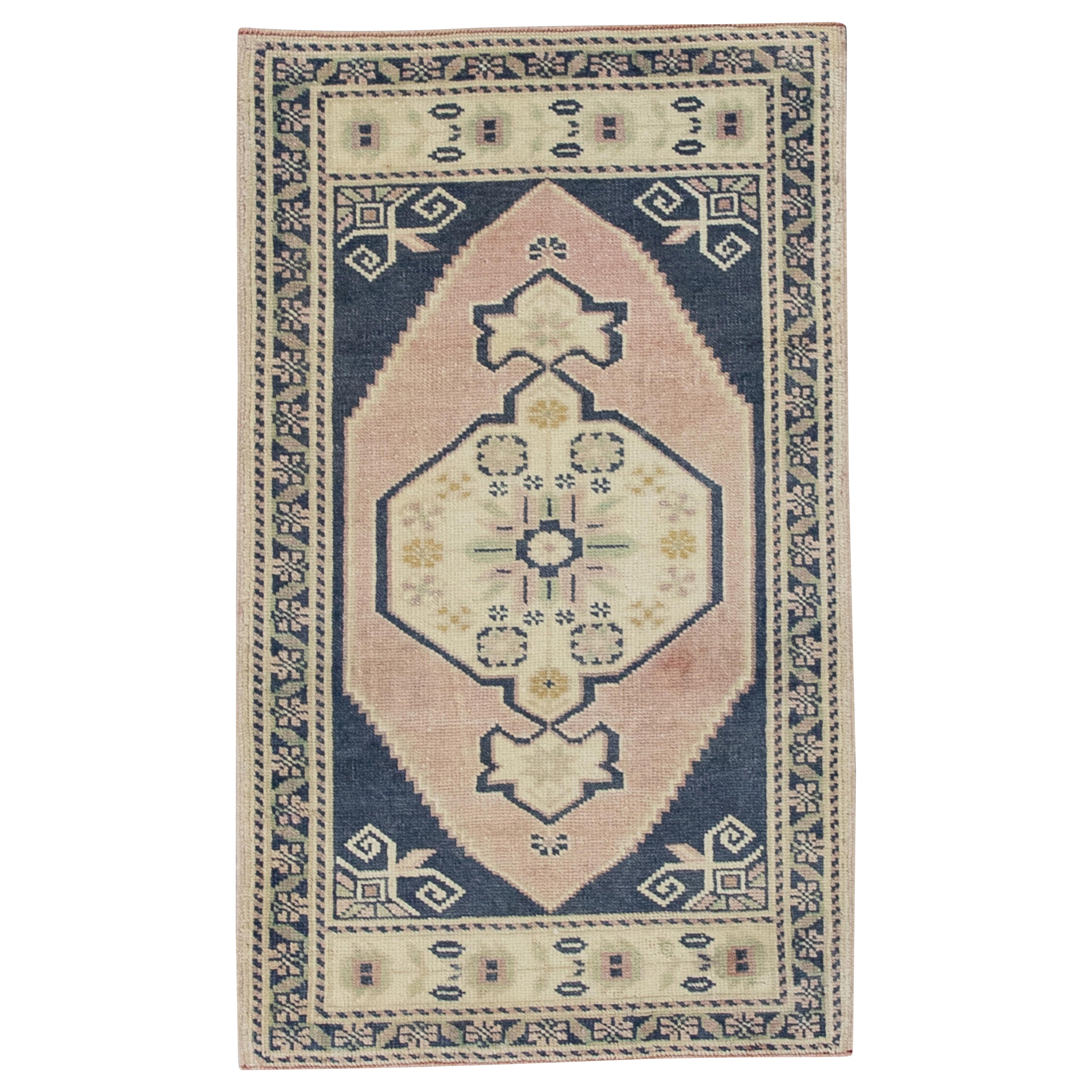 1960s Blue and Pink Vintage Turkish Mini Rug 1'10" X 3' For Sale at 1stDibs