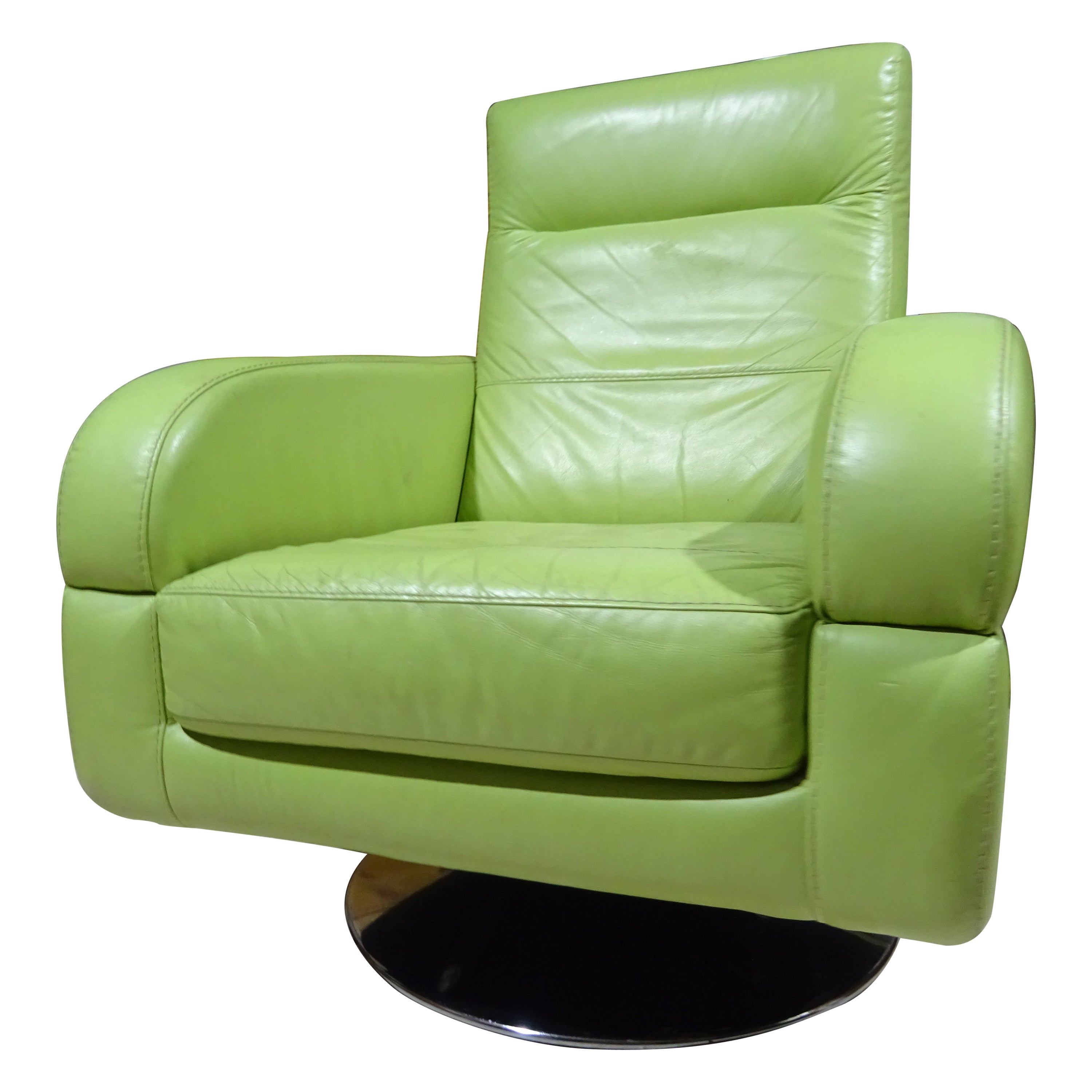 Retro Distressed Green Leather Swivel Chair at 1stDibs