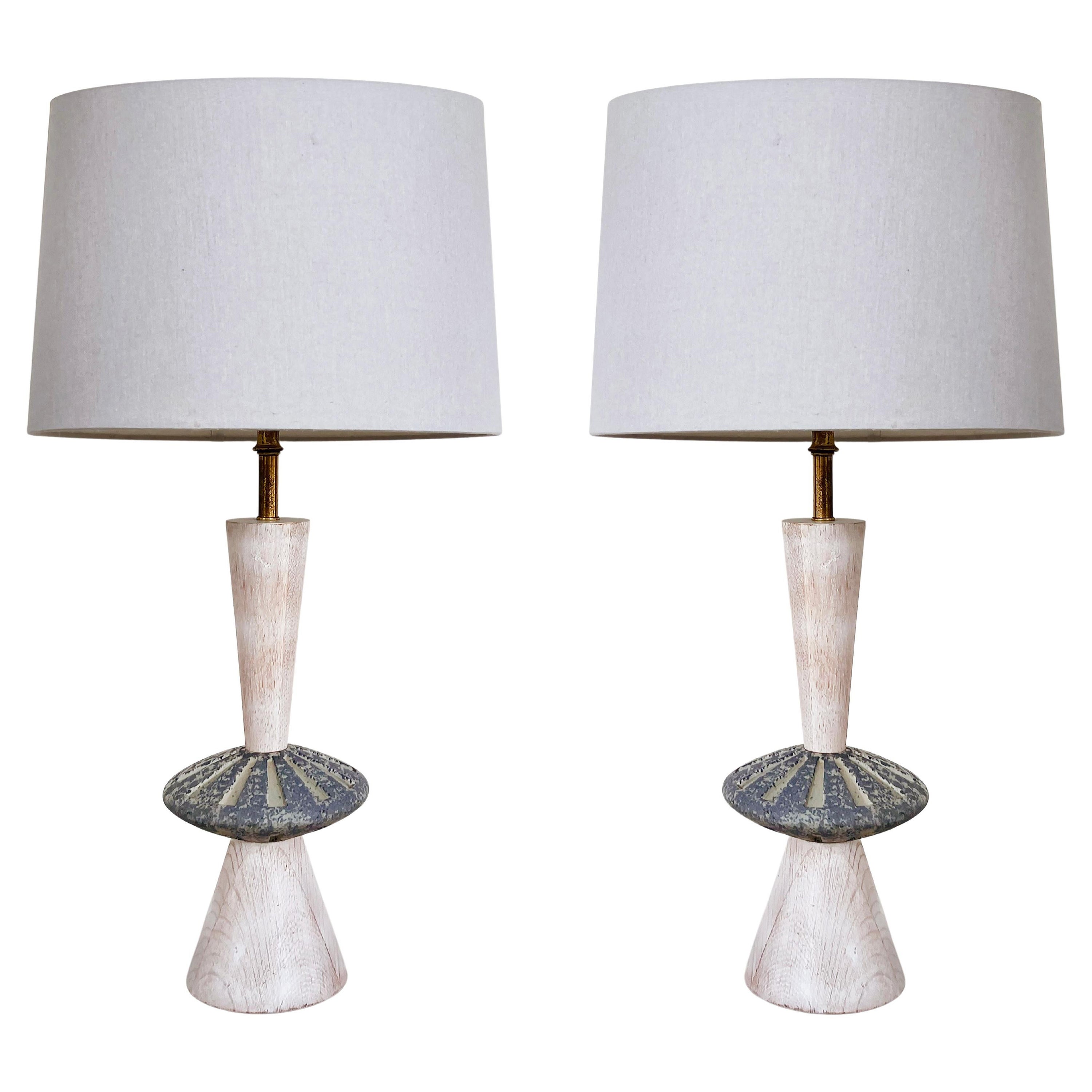 Mid-century Cerused Wood Table Lamps With Pottery Detail, Pair For Sale ...