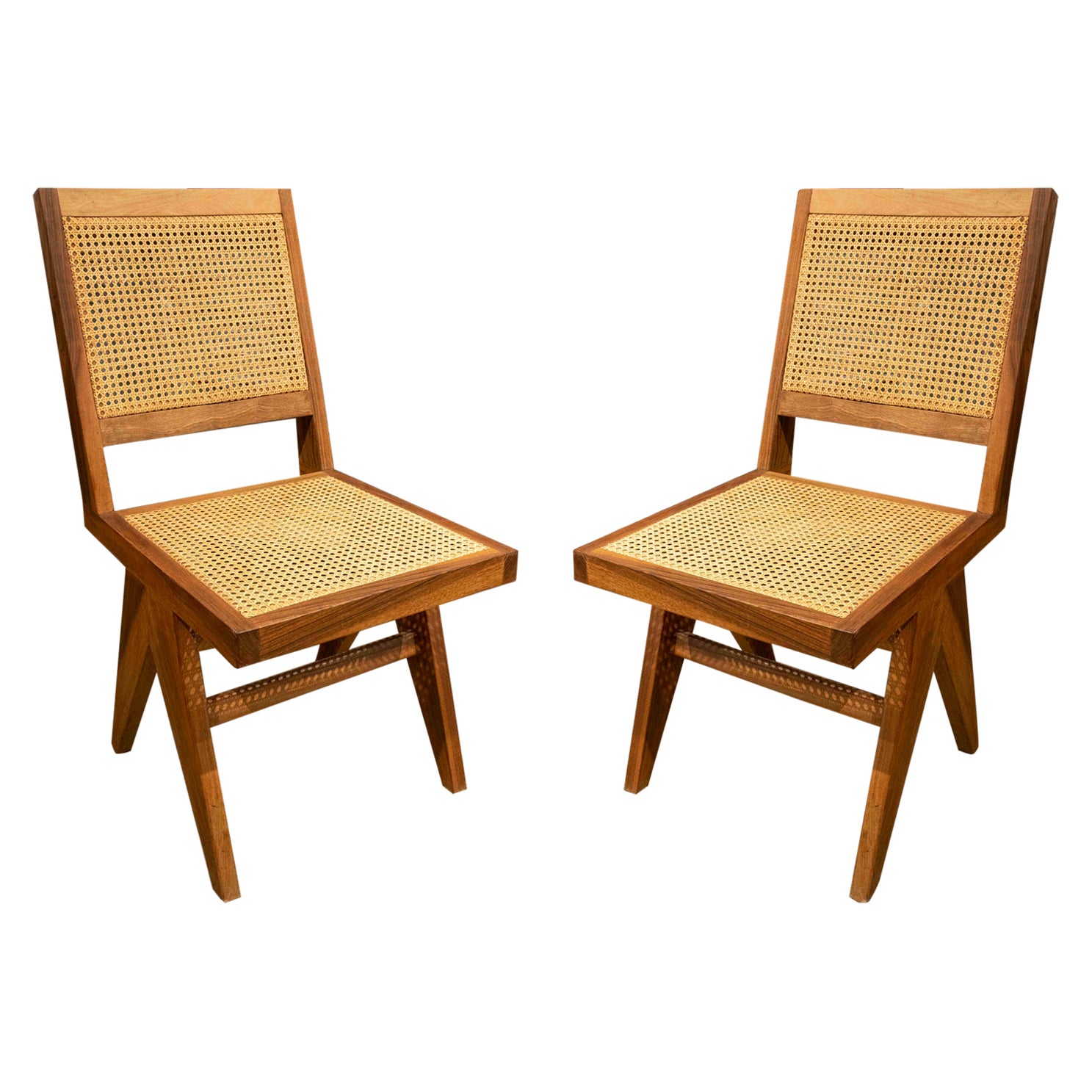 Pair of Wooden Chairs with Wicker Grid Seat and Backrest For Sale at ...
