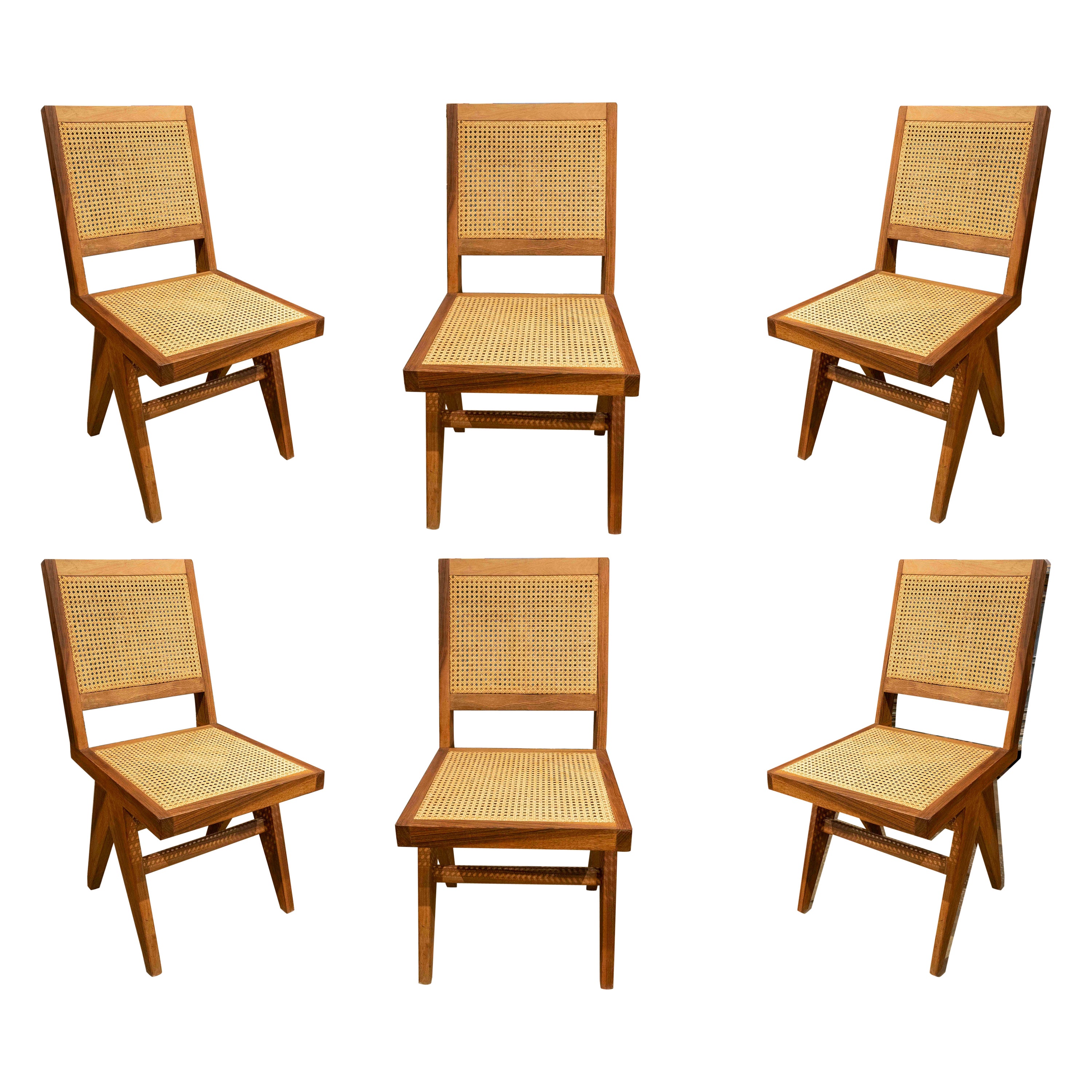 Set of Six Wooden Chairs with Wicker Grid Seat and Backrest For Sale at ...