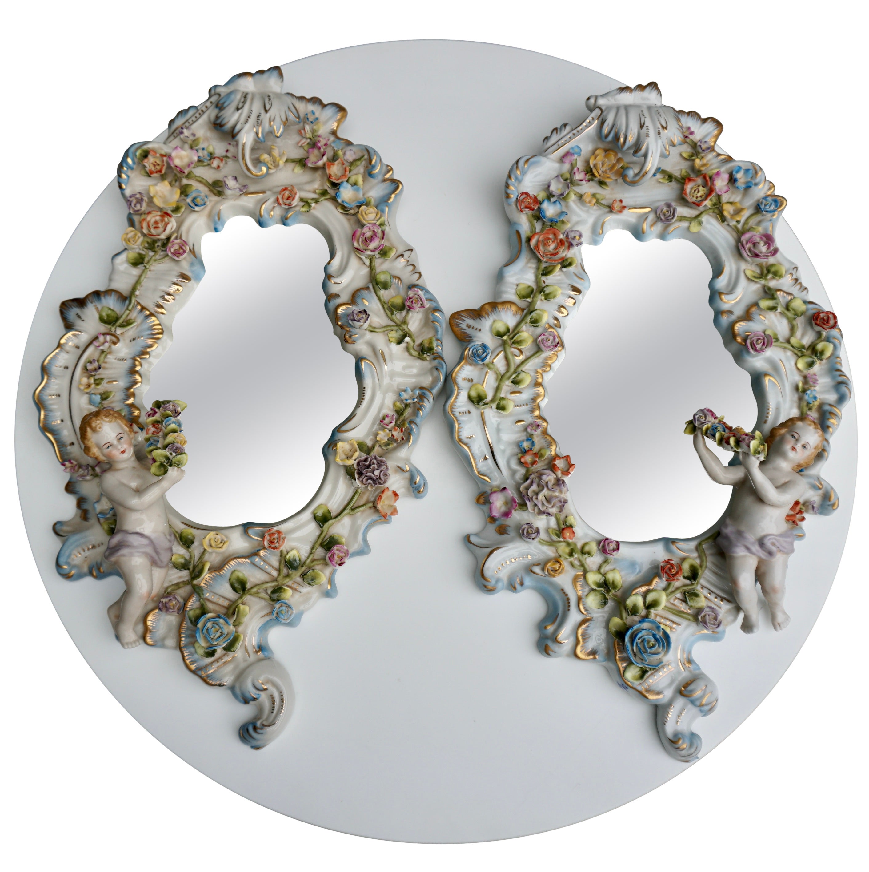 Two Vintage Capodimonte Porcelain Floral Cherub Wall Mirror Dresden For ...