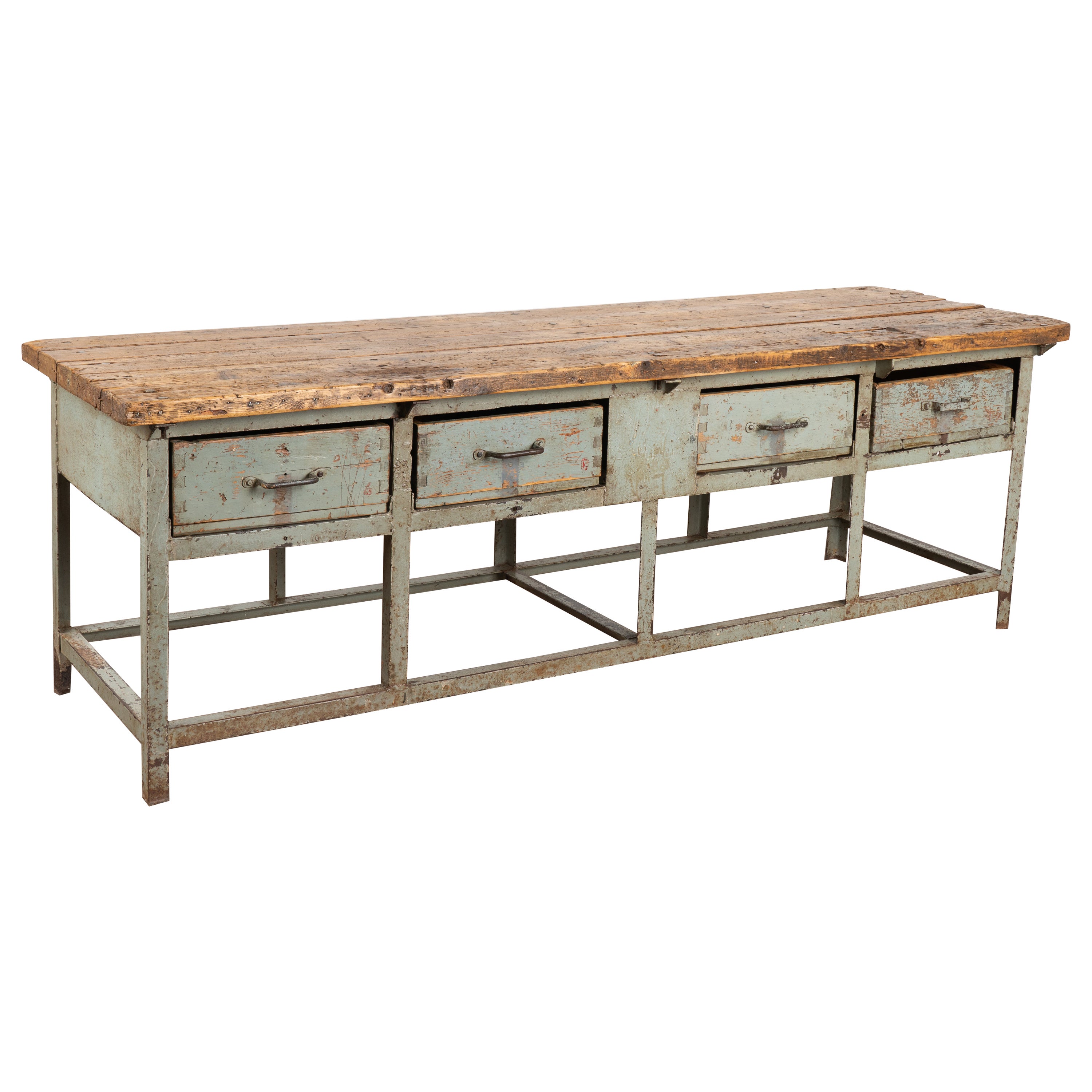 Long Industrial Work Table Kitchen Island with 4 Drawers, Hungary circa ...