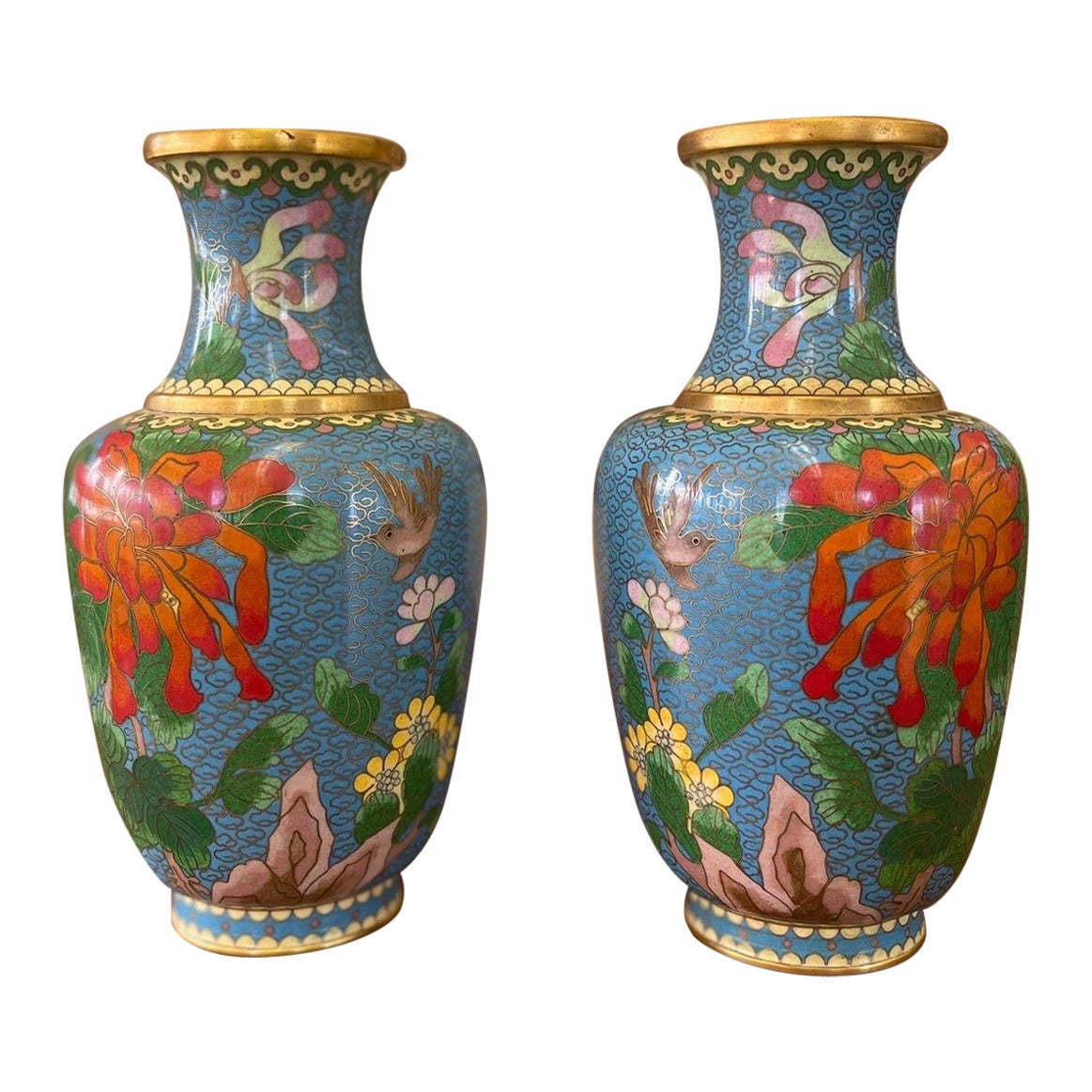 Pair of Vintage Vases With Floral and Bird Motif and Bright Colors. For ...