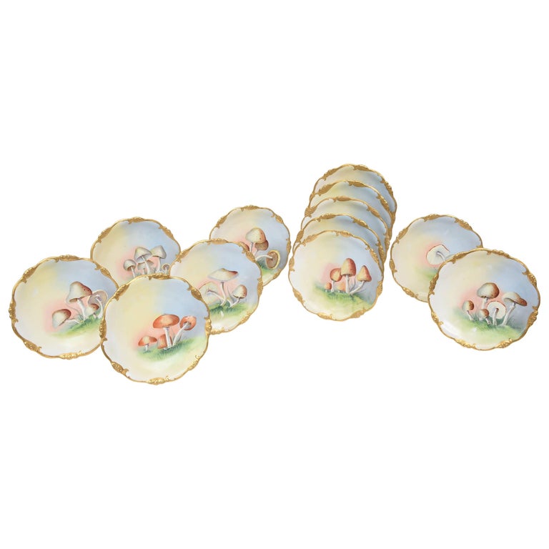 12 Antique Hand-Painted Mushroom Plates, Gold Trim, Limoges at 1stDibs