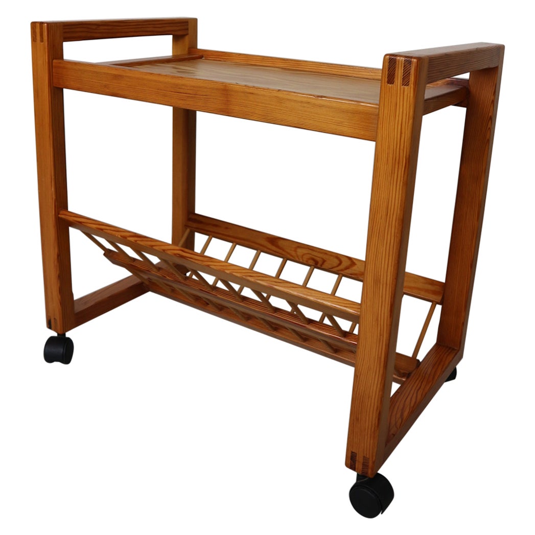 vintage magazine and serving cart made of pine 1970s For Sale at 1stDibs