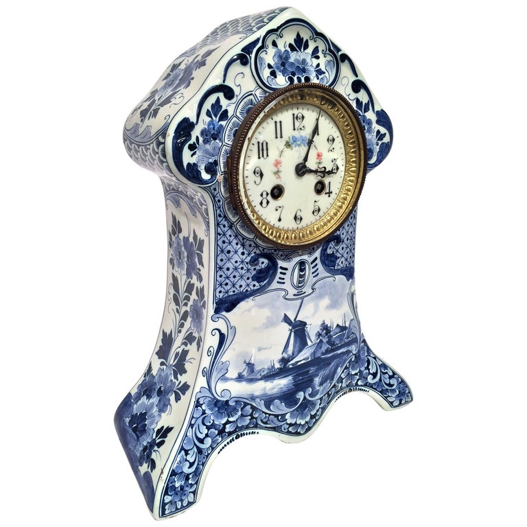 19th Century Dutch Painted Blue and White Faience Delft Mantel Clock at ...