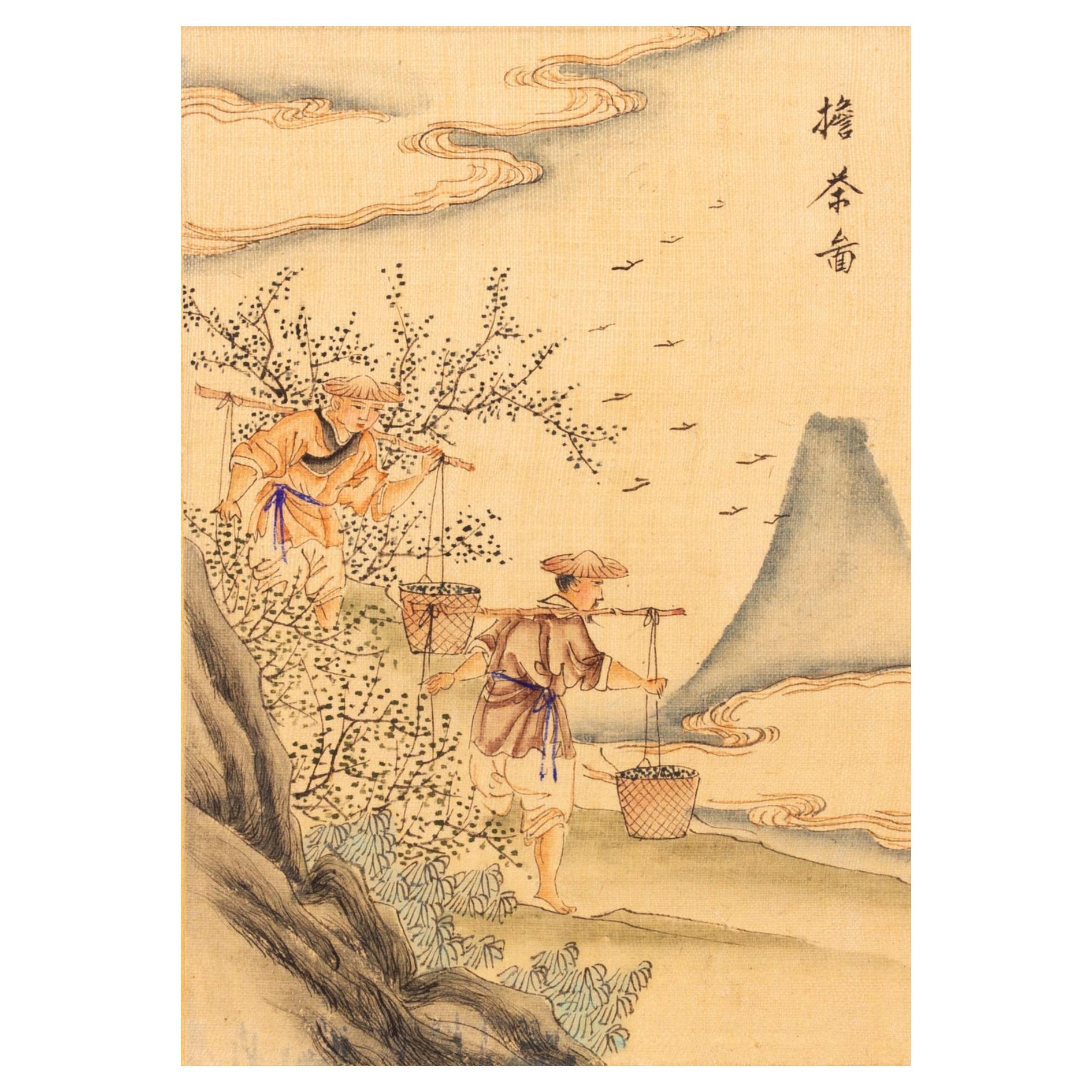 Chinese Silk Woodblock Painting with Calligraphy For Sale at 1stDibs