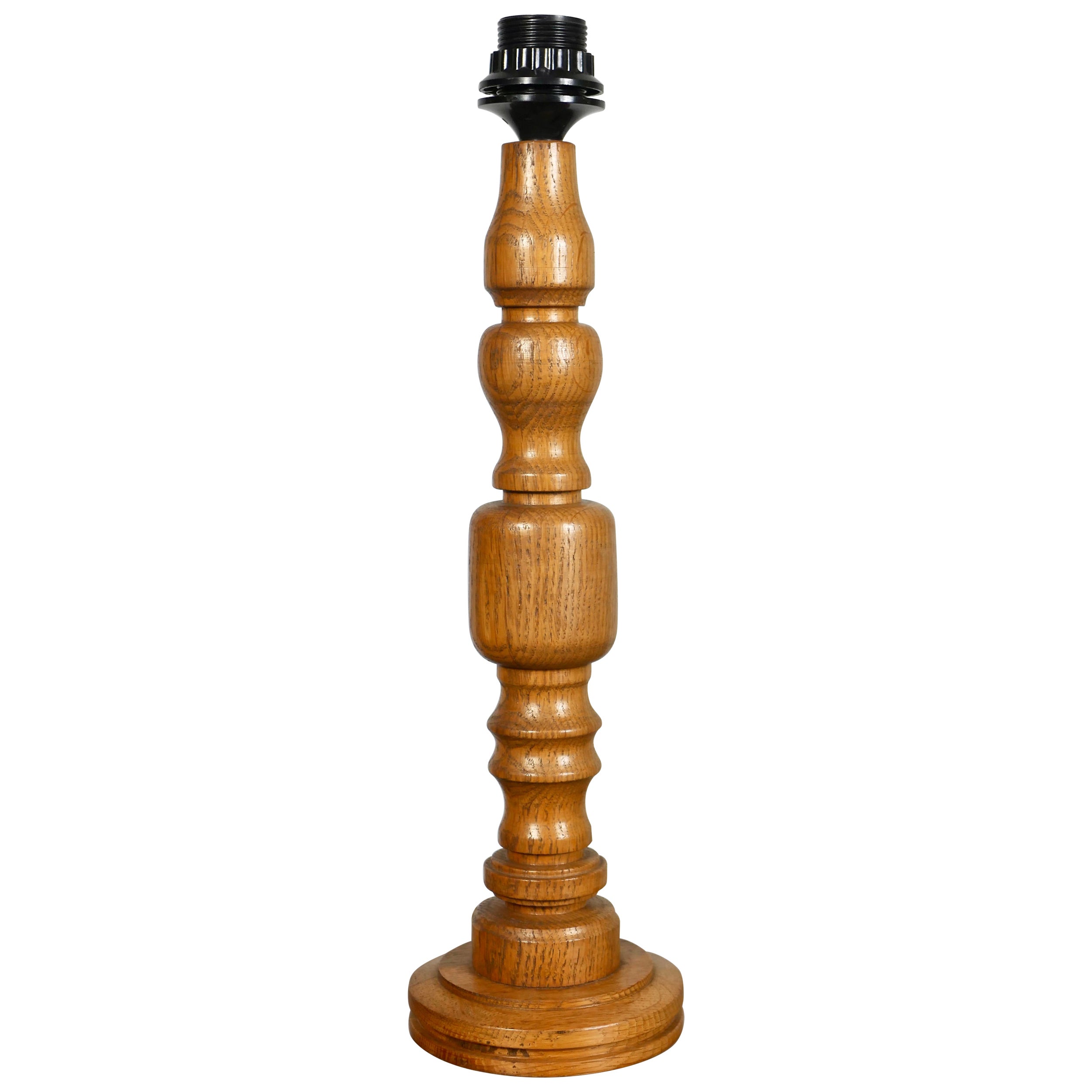 Large turned wood base lamp in oak, French work, 1960s For Sale at 1stDibs