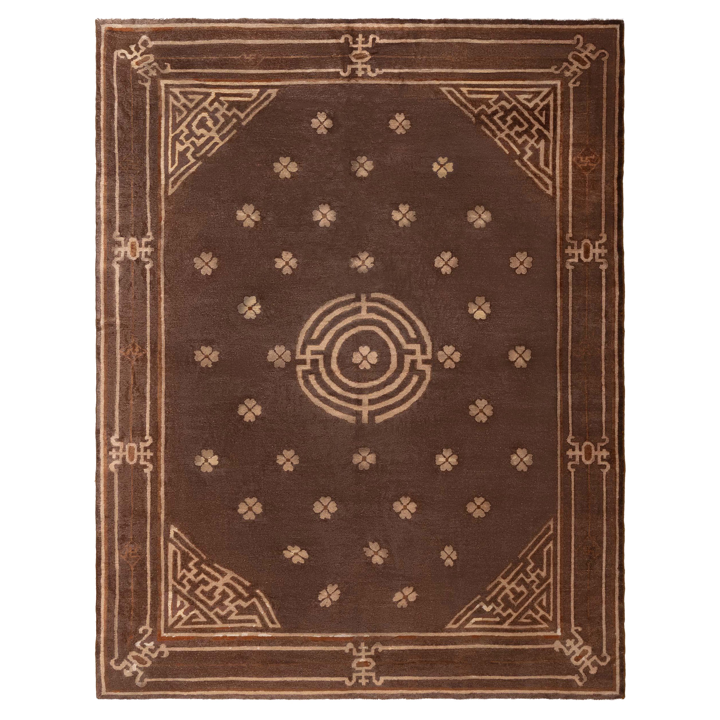 Vintage Mongolian Chocolate Brown Handmade Wool Rug For Sale at 1stDibs