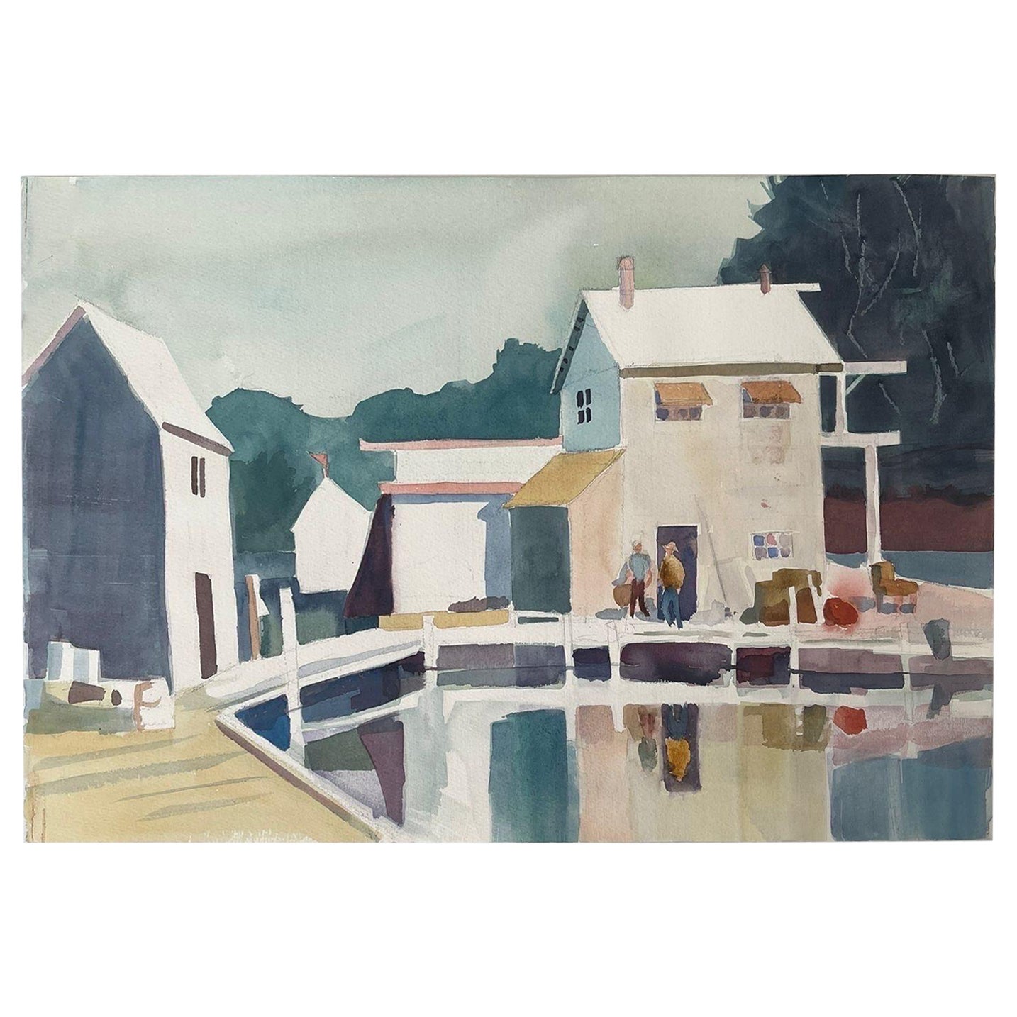 Vintage Art Watercolor Scenic Holland Countryside Windmill Lake and ...