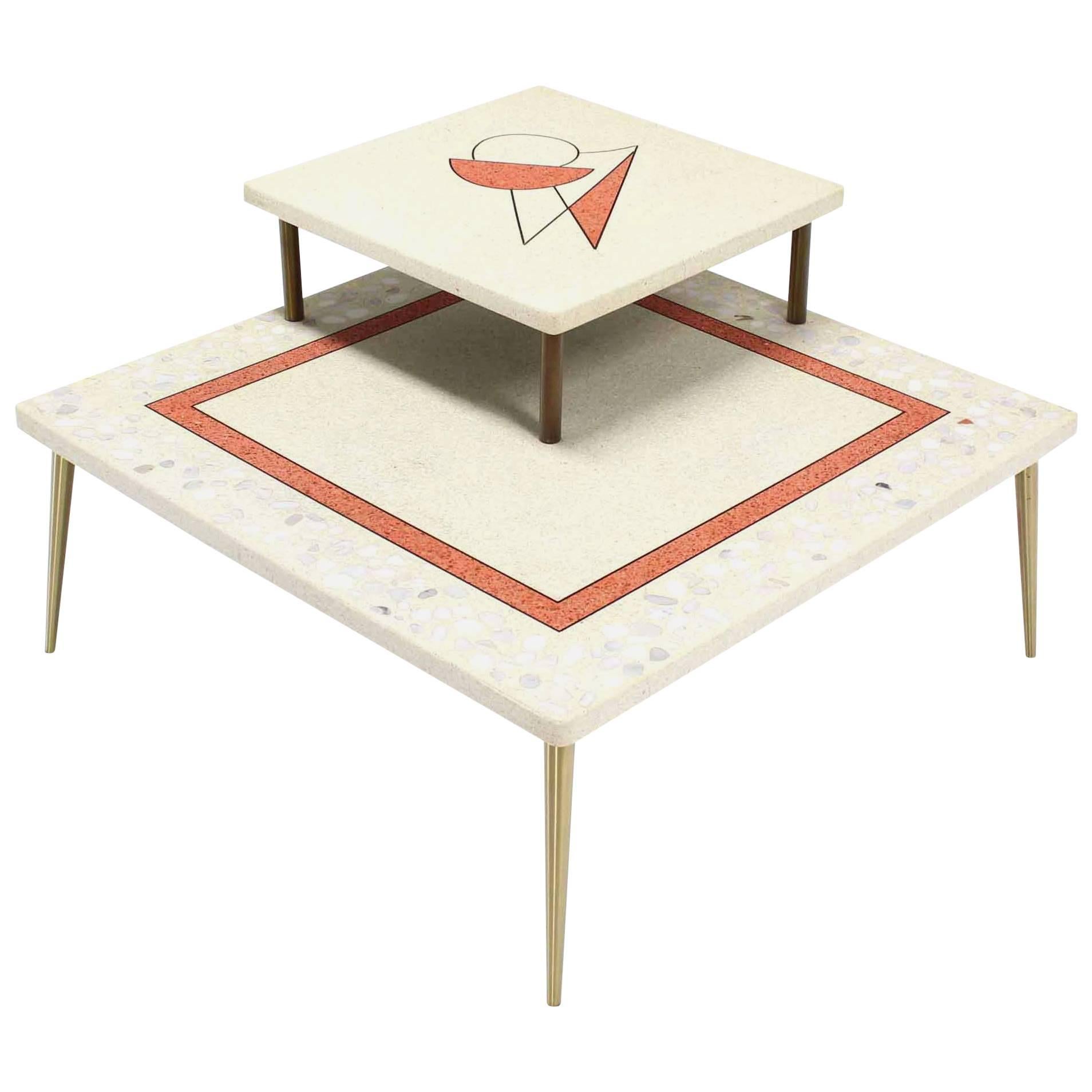 Geometric Design Tapered Legs Travertine Two Tier Corner Table at 1stDibs
