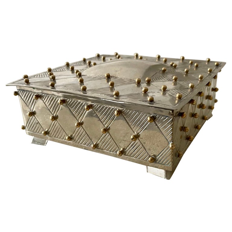 Square Silver Plate Box with Brass Beads After William Spratling For ...