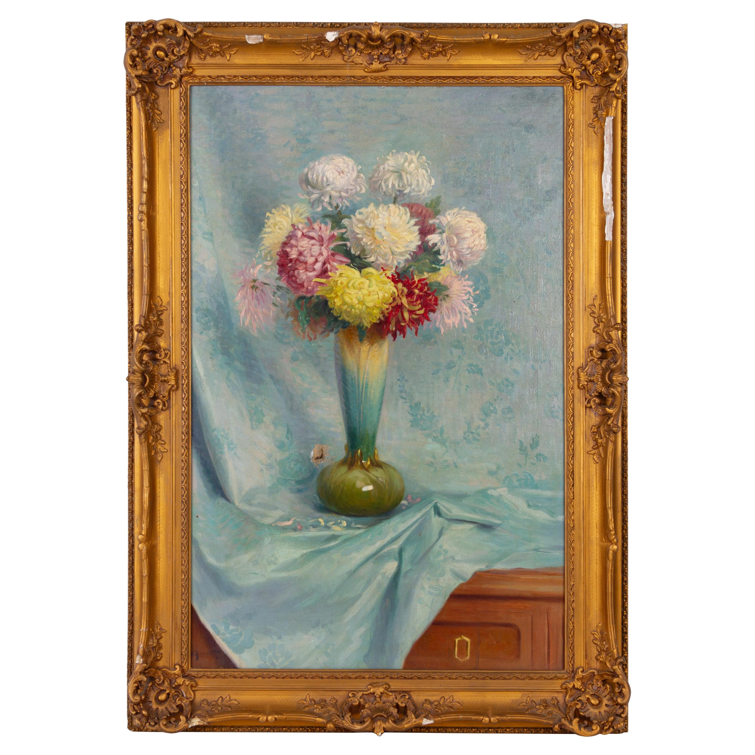 Huge Belgian Still Life Flowers in Vase Oil Painting Signed Early 20thC For Sale at 1stDibs