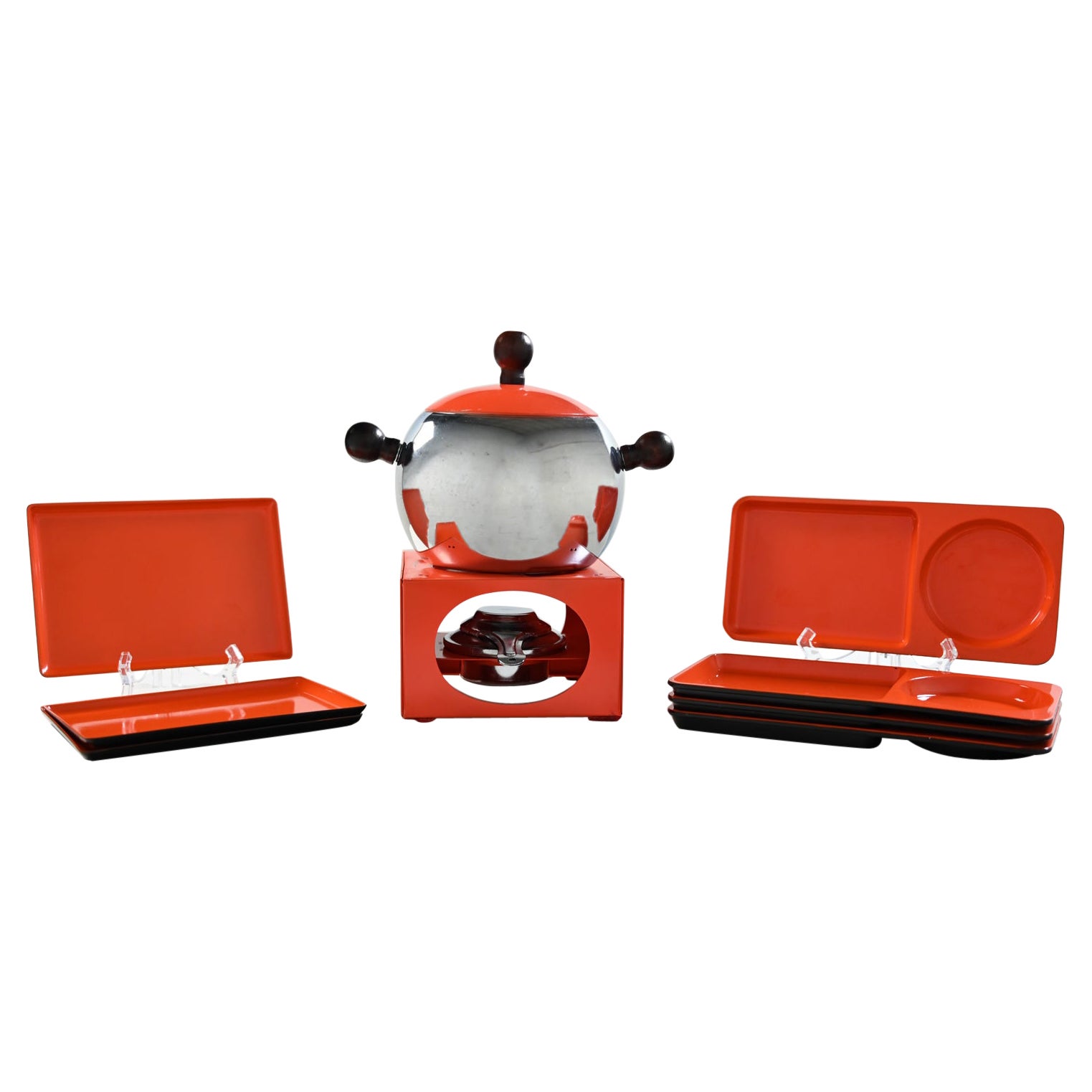 Retro Orange Enamel and Chrome Fondue Pot and 7 Serving Trays Black and ...