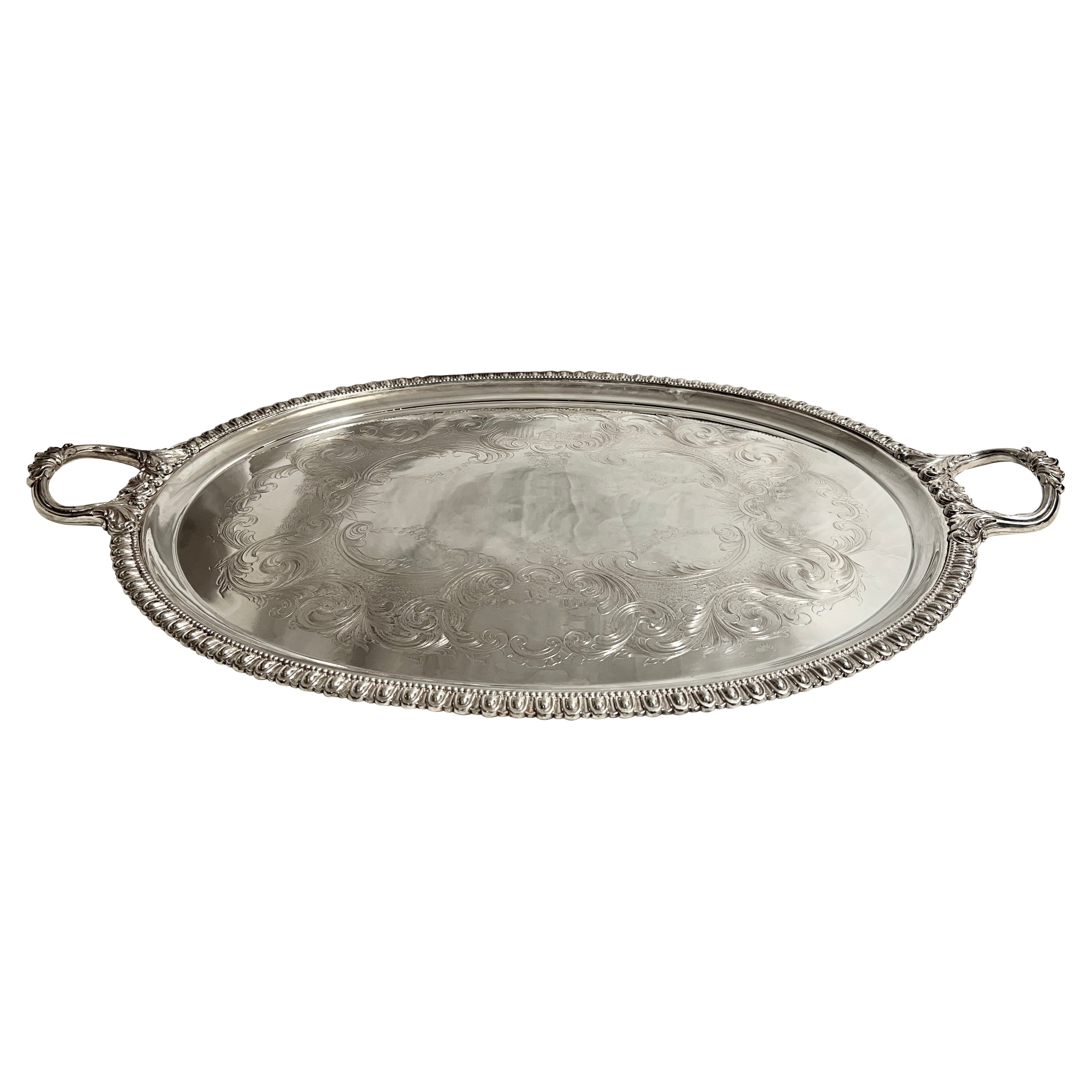 Antique Silver Plated Service Tray with Engraving and Rolled Border ...