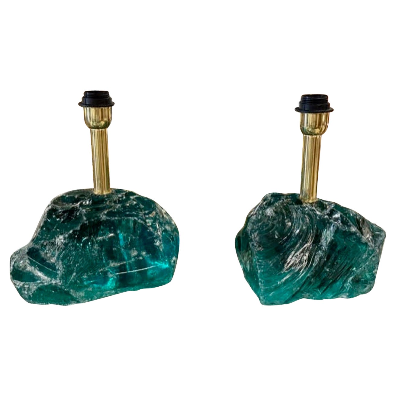 Modern Blue Murano Glass Block Lamps on Brass Base For Sale at 1stDibs