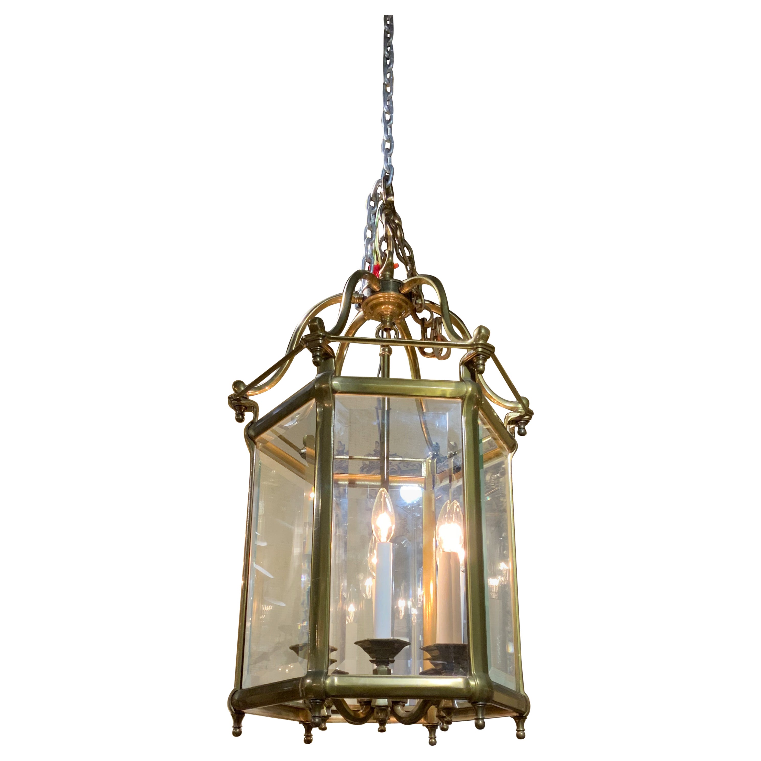 Hexagonal bronze and beveled glass chandelier with eight lights For ...