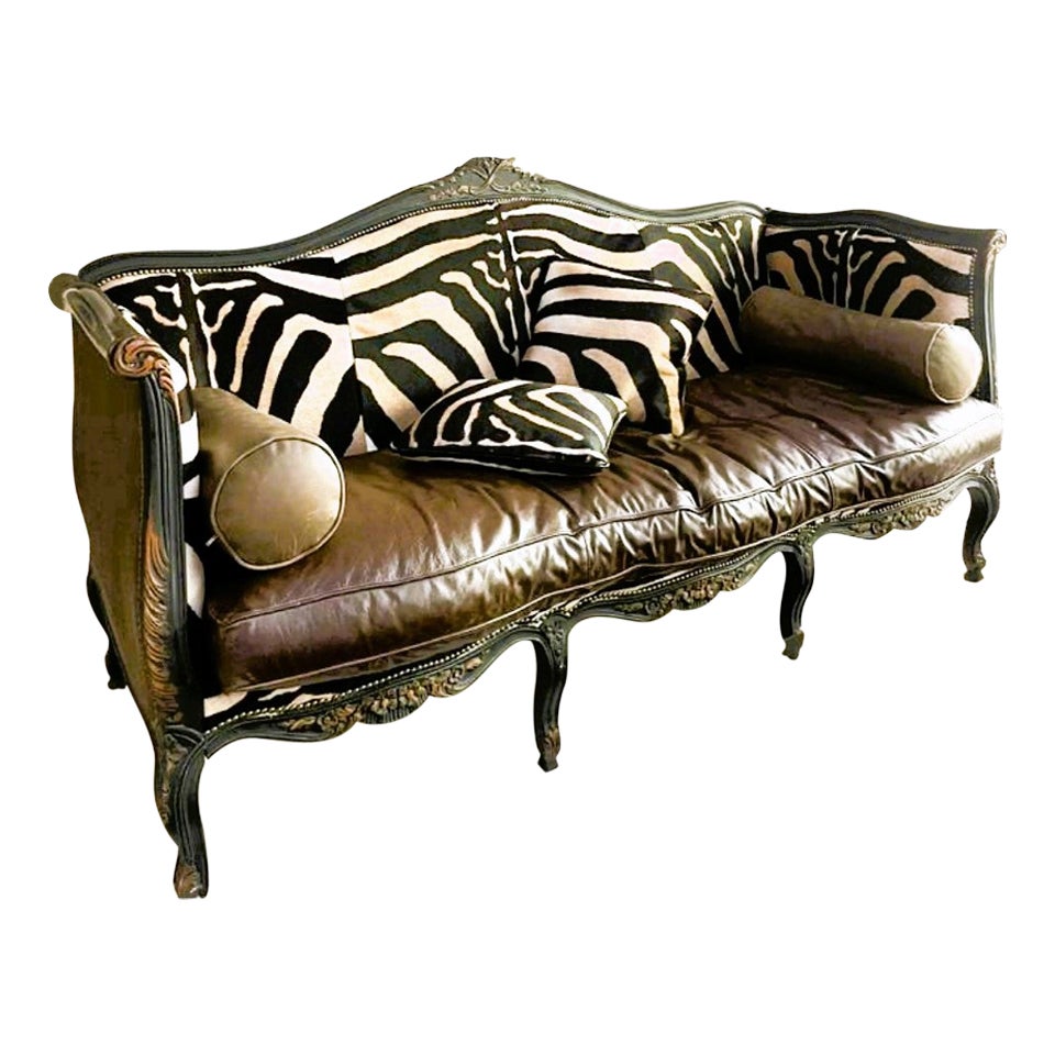 Old Hickory Tannery Sofas/Zebra Print Cowhair, Leather. Suede and Nailhead Trim For Sale at 1stDibs
