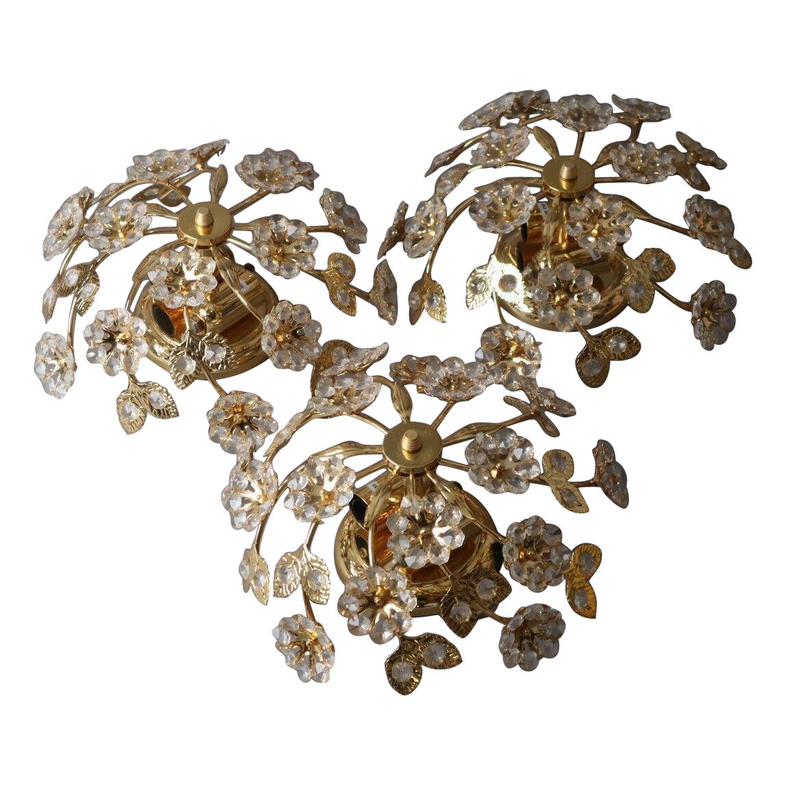 Set of 3 1960's Hollywood Regency Crystal 24K Plate Flower Form Wall ...