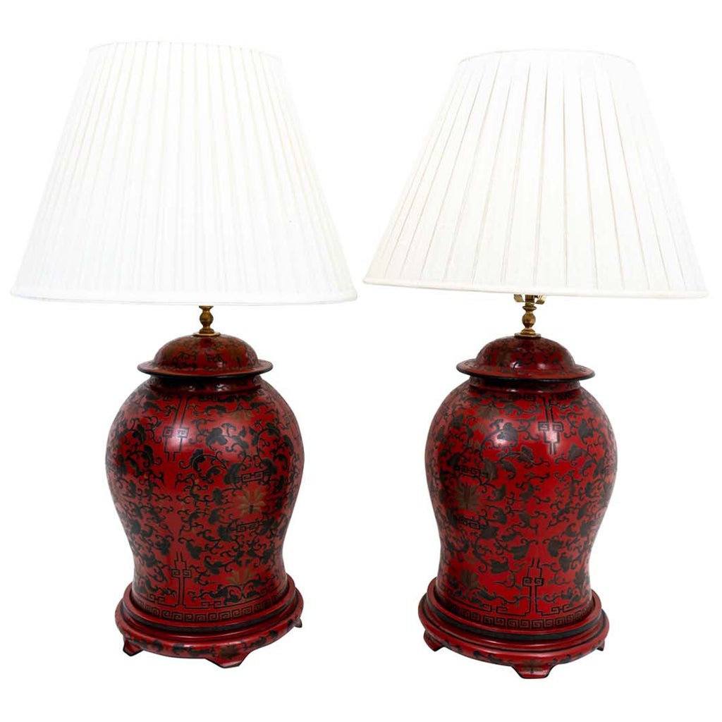 Chinese Carved White Cinnabar Table Lamp For Sale at 1stDibs