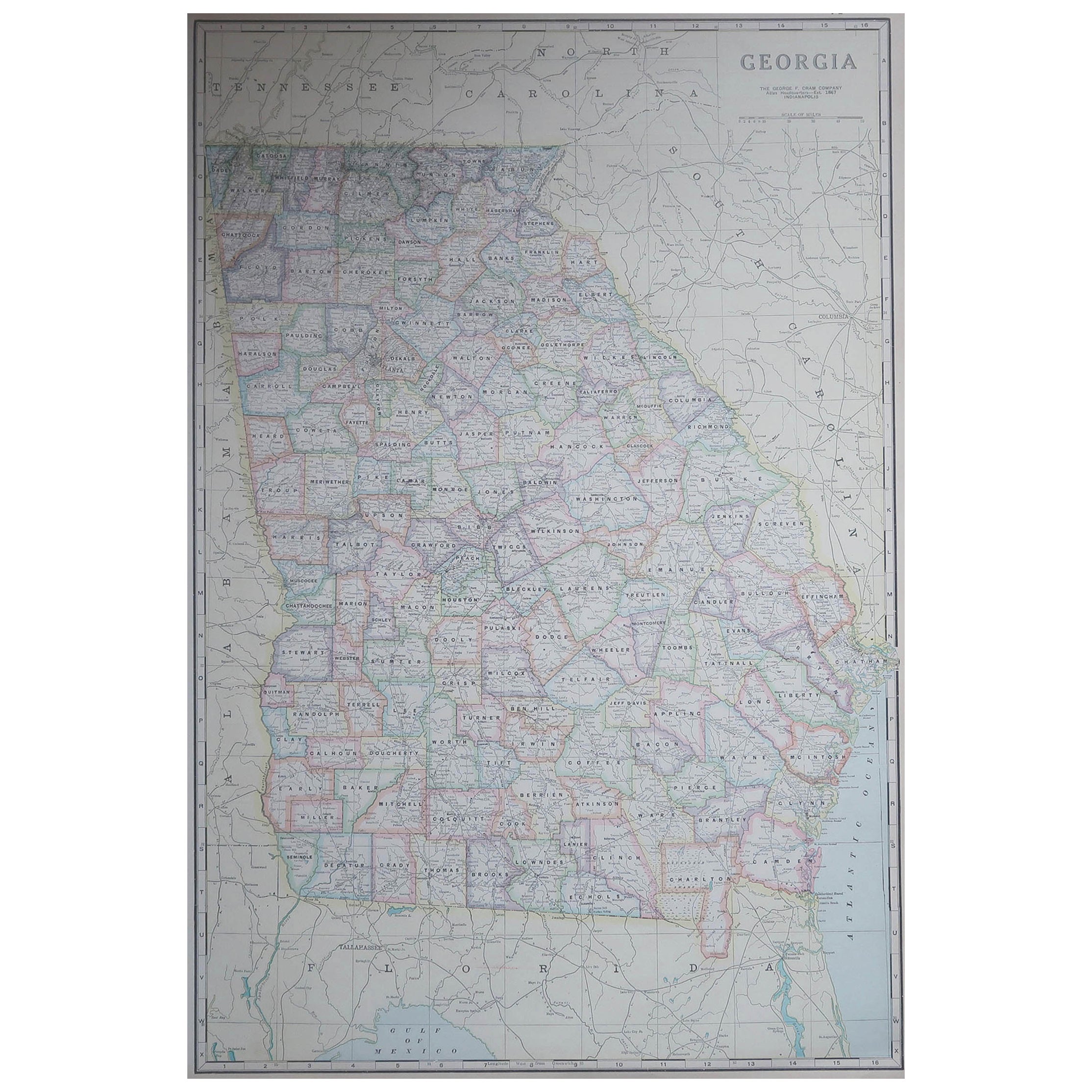 Large Original Antique Map of Georgia, USA, circa 1900 For Sale at 1stDibs