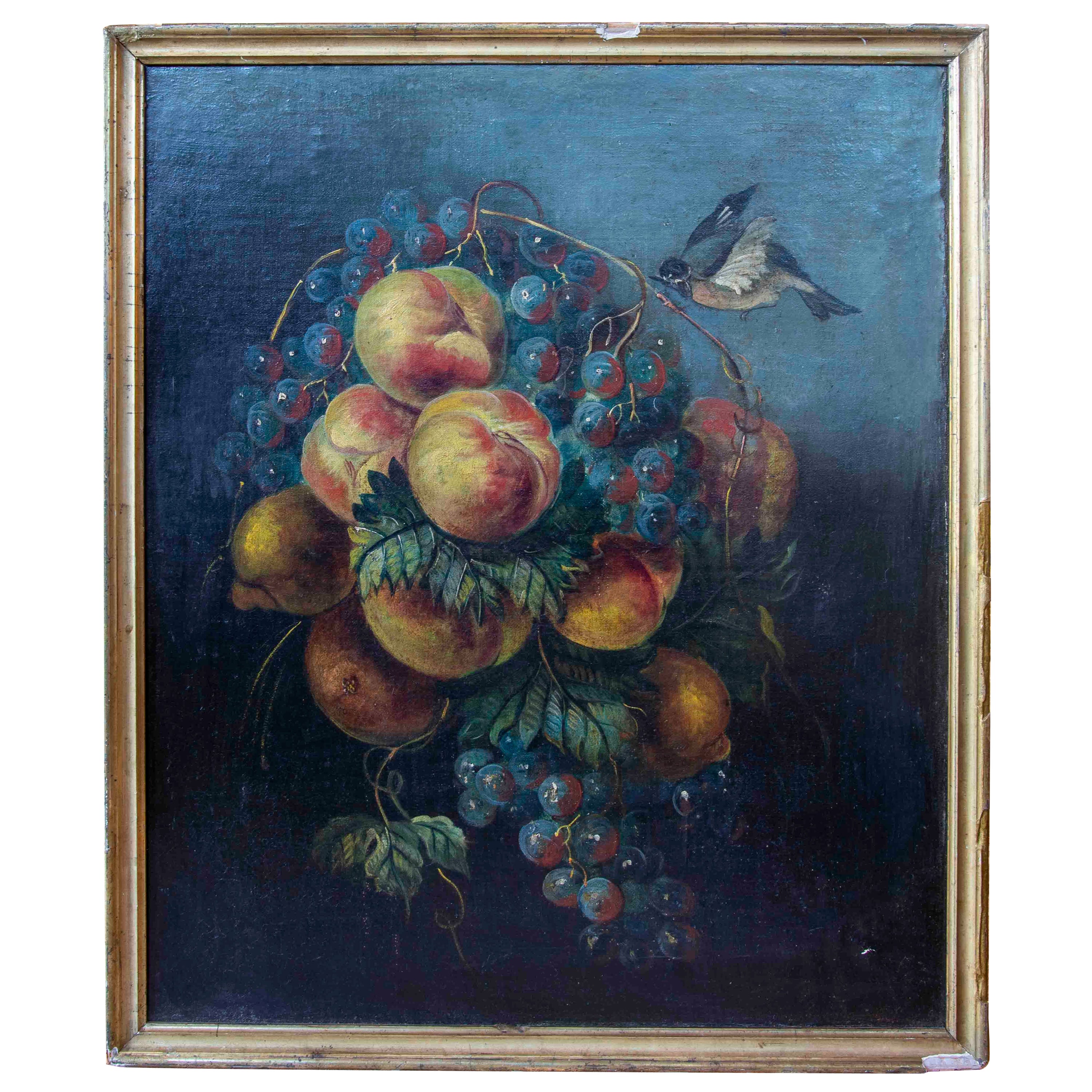 Still Life with Fruits and Bird Hand-Painted with Golden Frame For Sale ...