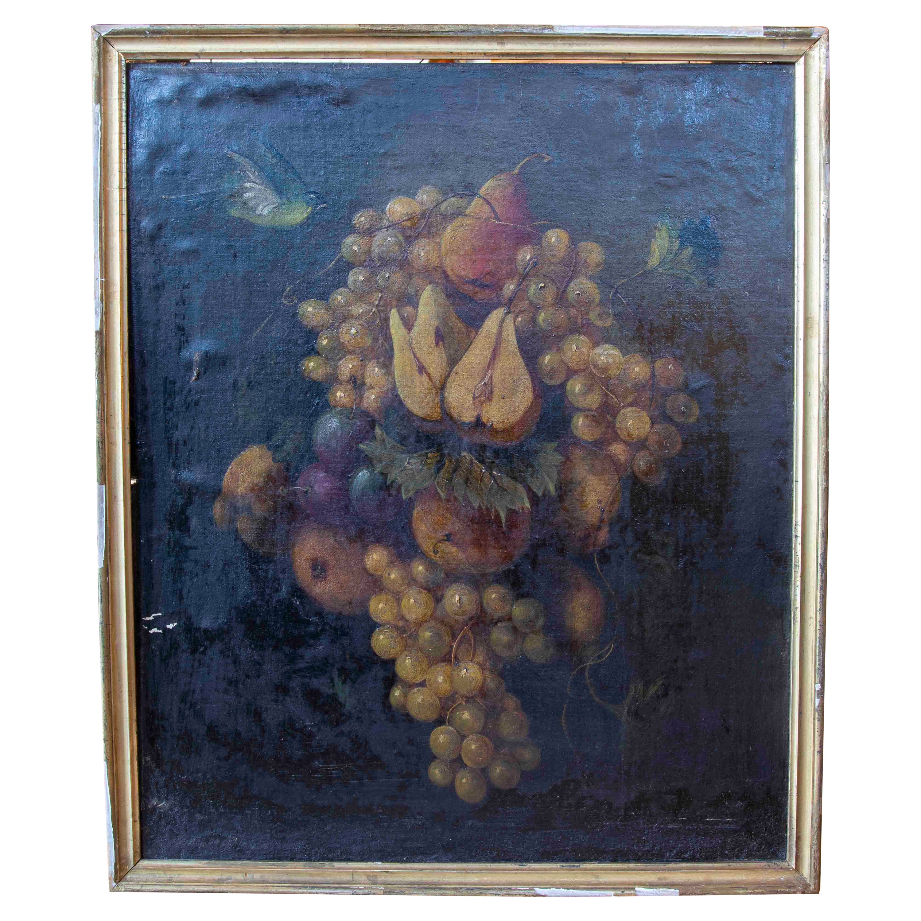 Still Life with Fruits and Bird Hand-Painted with Golden Frame For Sale ...