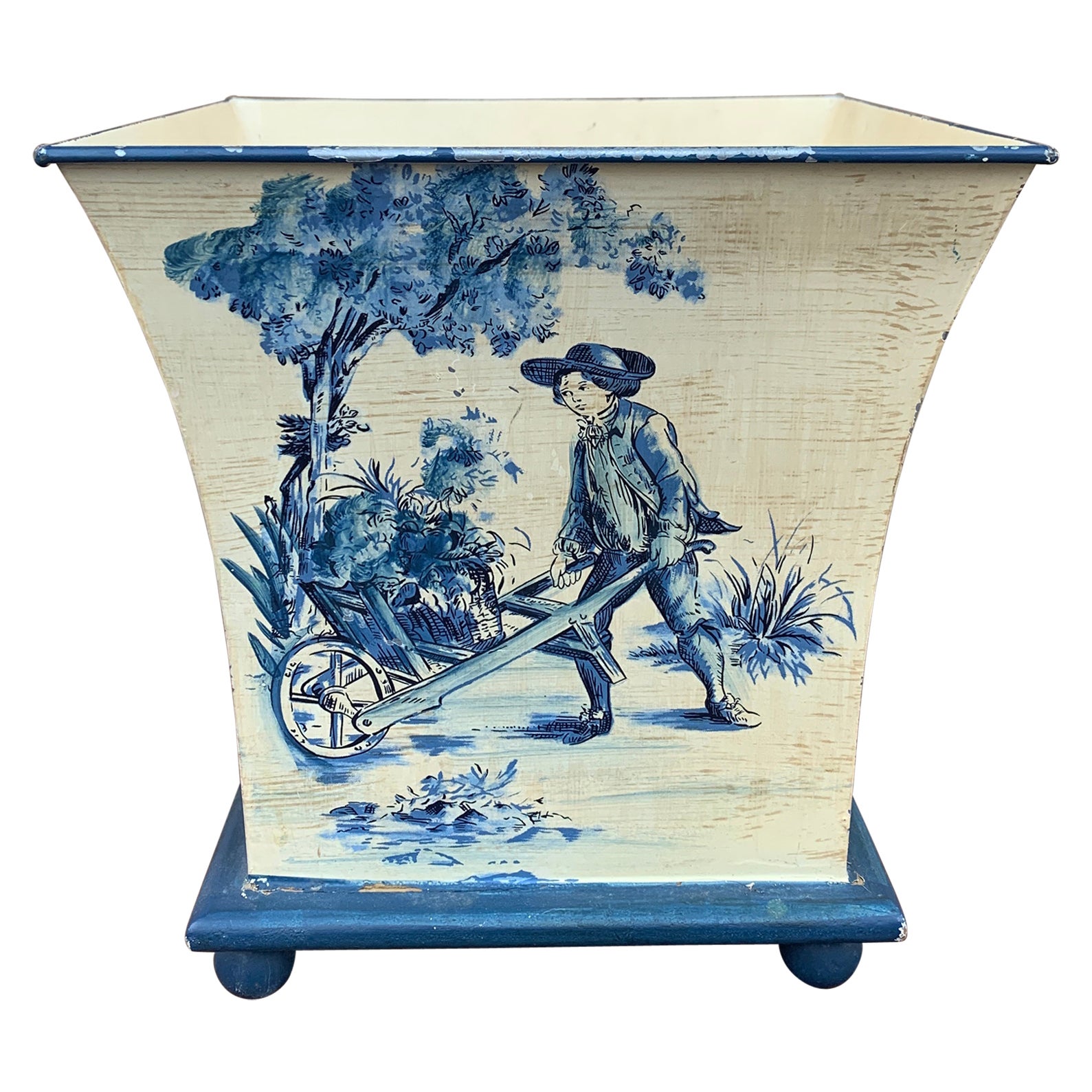 French Provincial Blue and White Tole Cachepot Planter Vase at 1stDibs