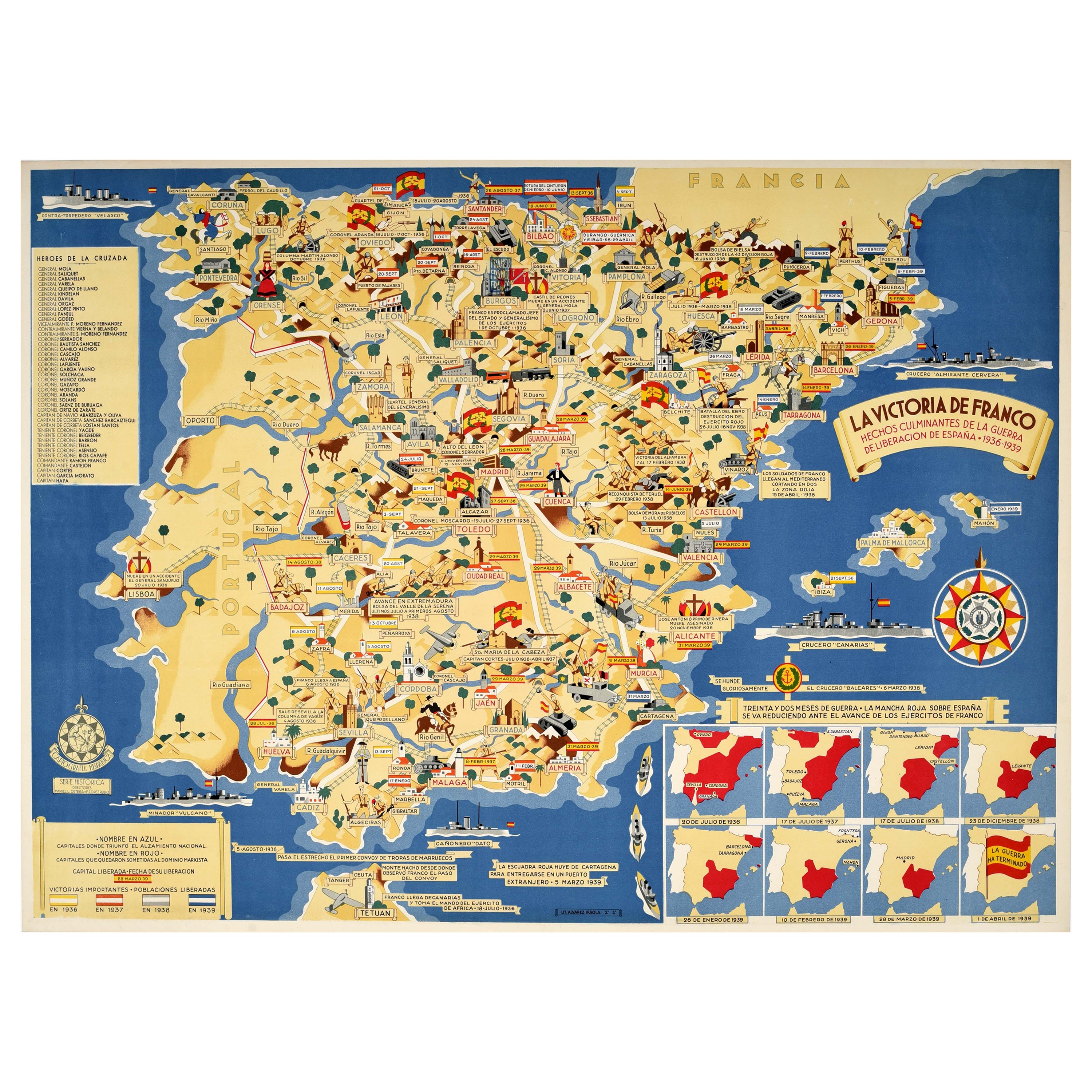 Original Vintage Pictorial Map Poster Spanish Civil War Franco Victory ...