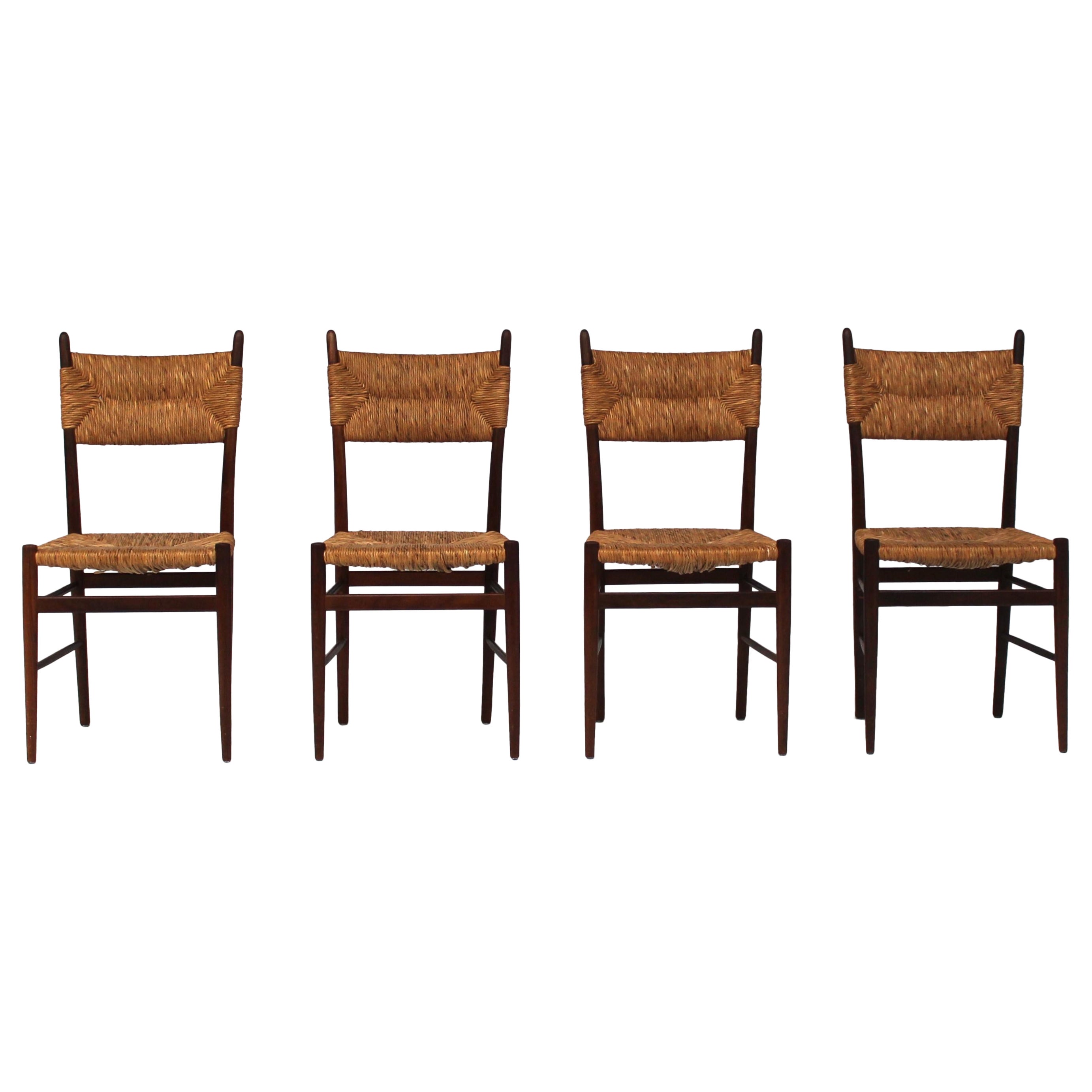 Set of 4 walnut Italian mid century chairs with rush seating at 1stDibs