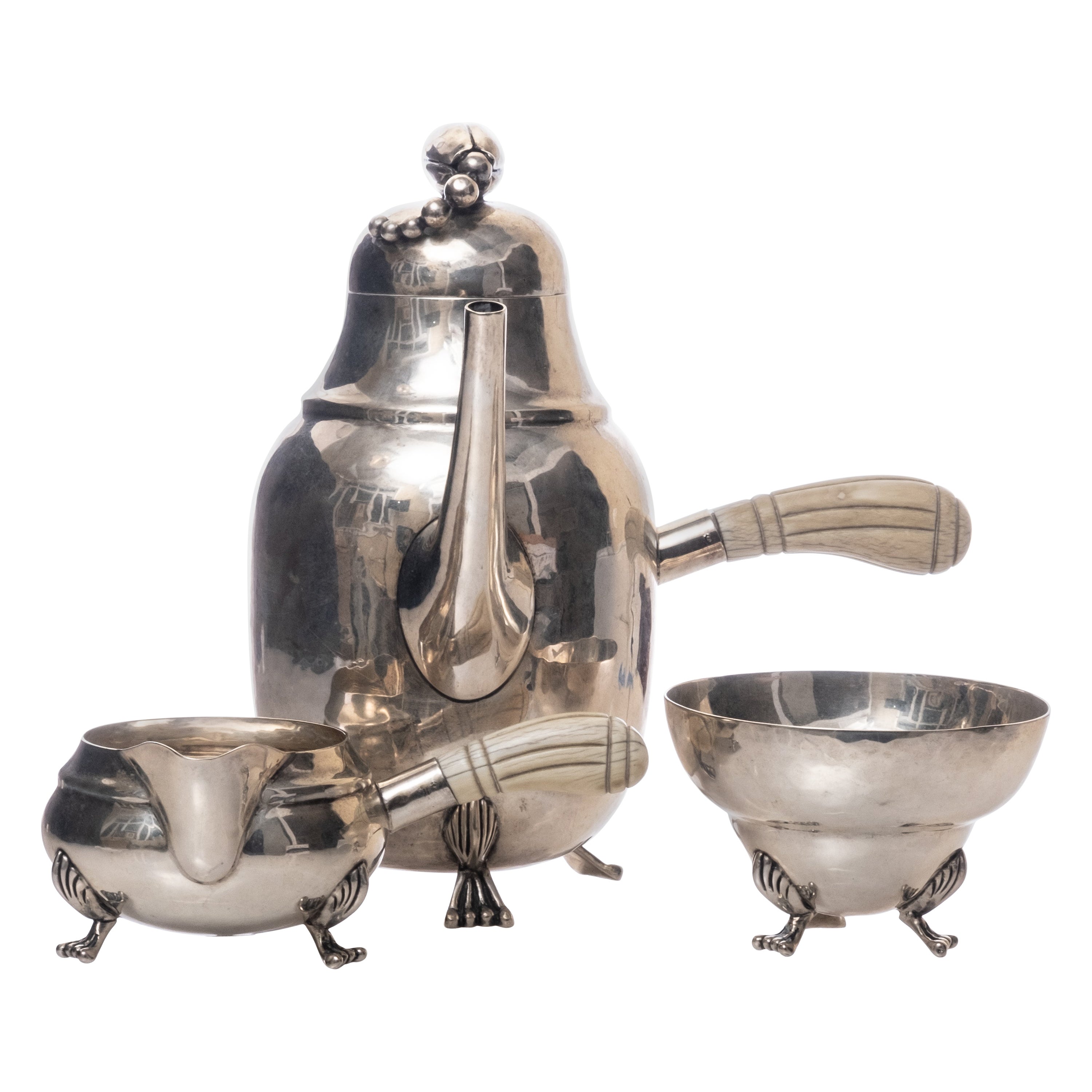 Danish Jensen Style Handmade Sterling Silver Tea Set with Bone Handles ...