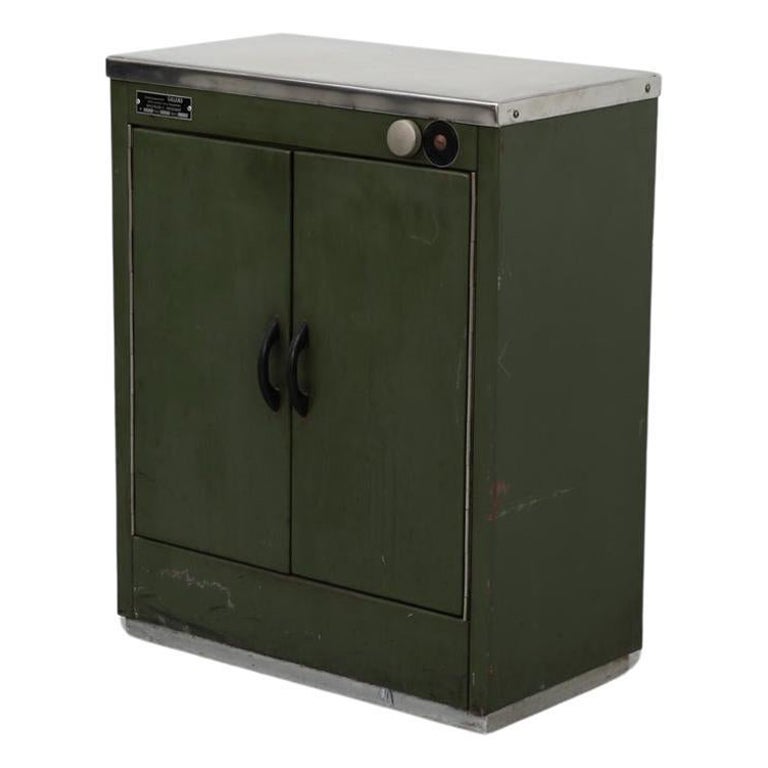 Belgian Green Enameled Utility Metal Cabinet with Bakelite Handles For ...