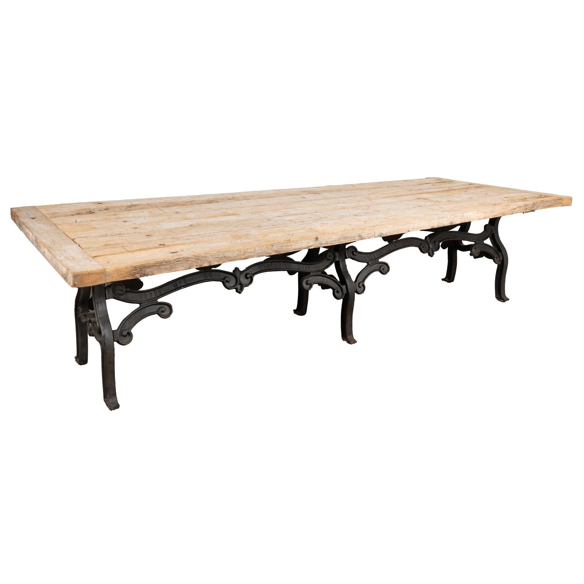 Long Rustic Pine Dining Table with Iron Base For Sale at 1stDibs