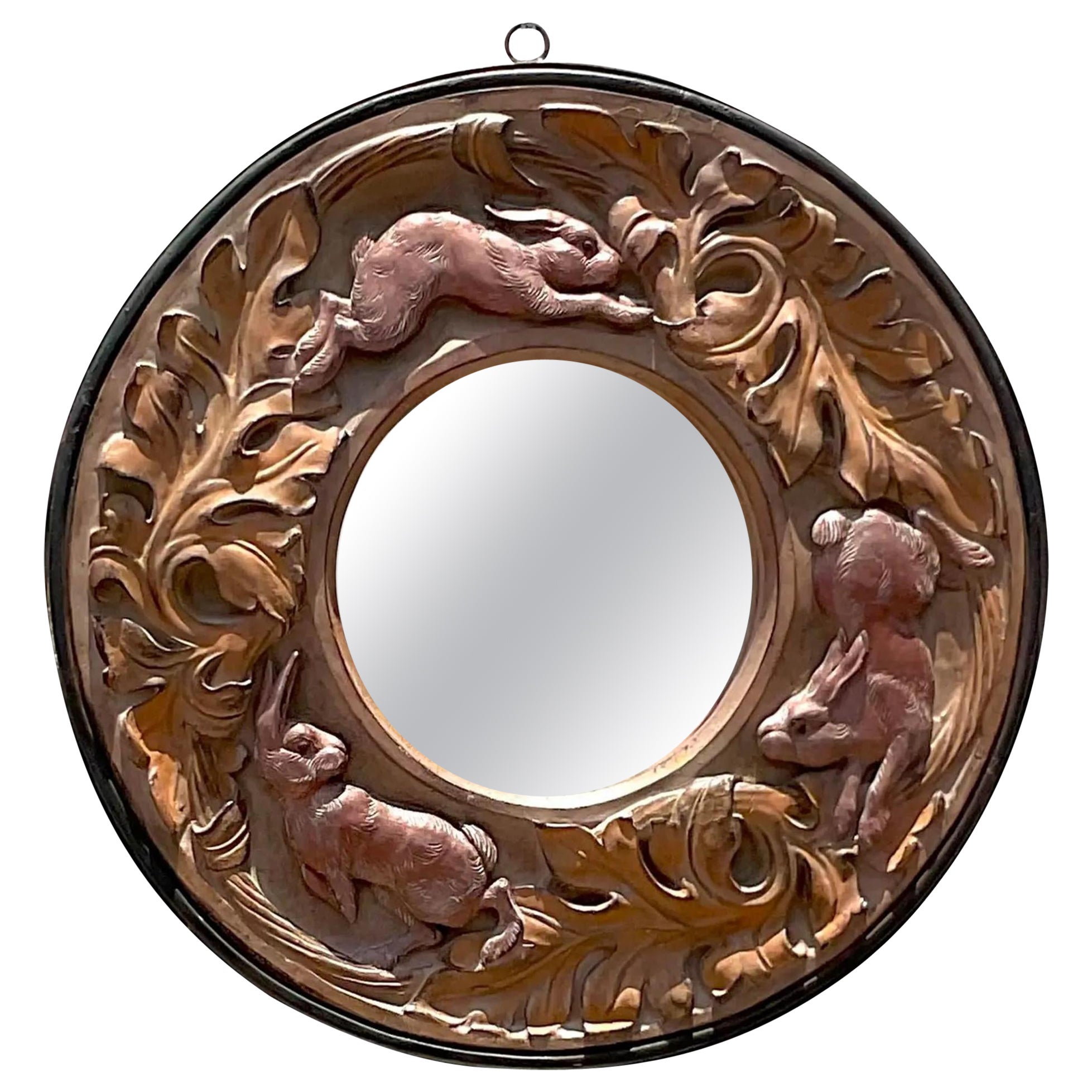Vintage Boho Round Wooden Mirror For Sale at 1stDibs