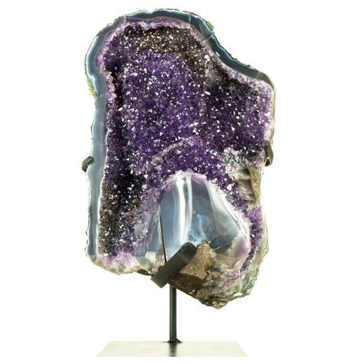 Amethyst Crystal Geode Cluster with Deep Purple Galaxy Druzy and Banded Agate For Sale at 1stDibs