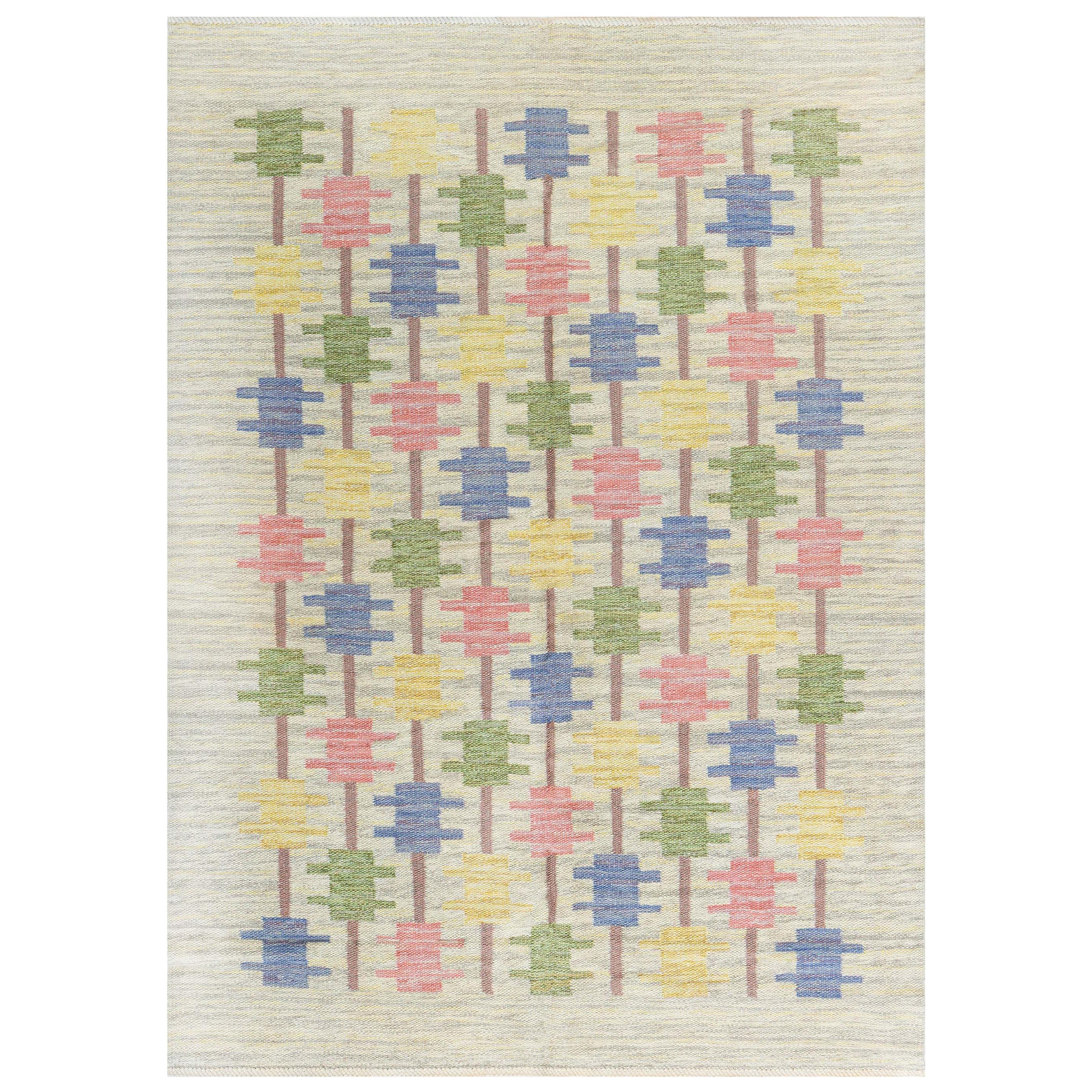 Vintage Swedish Geometric Flat-Weave Wool Rug For Sale at 1stDibs