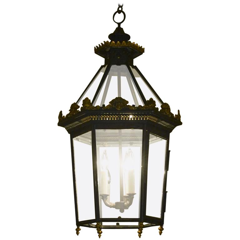 English Victorian Black Tole and Parcel-Gilt Hexagonal Hall Lantern ...