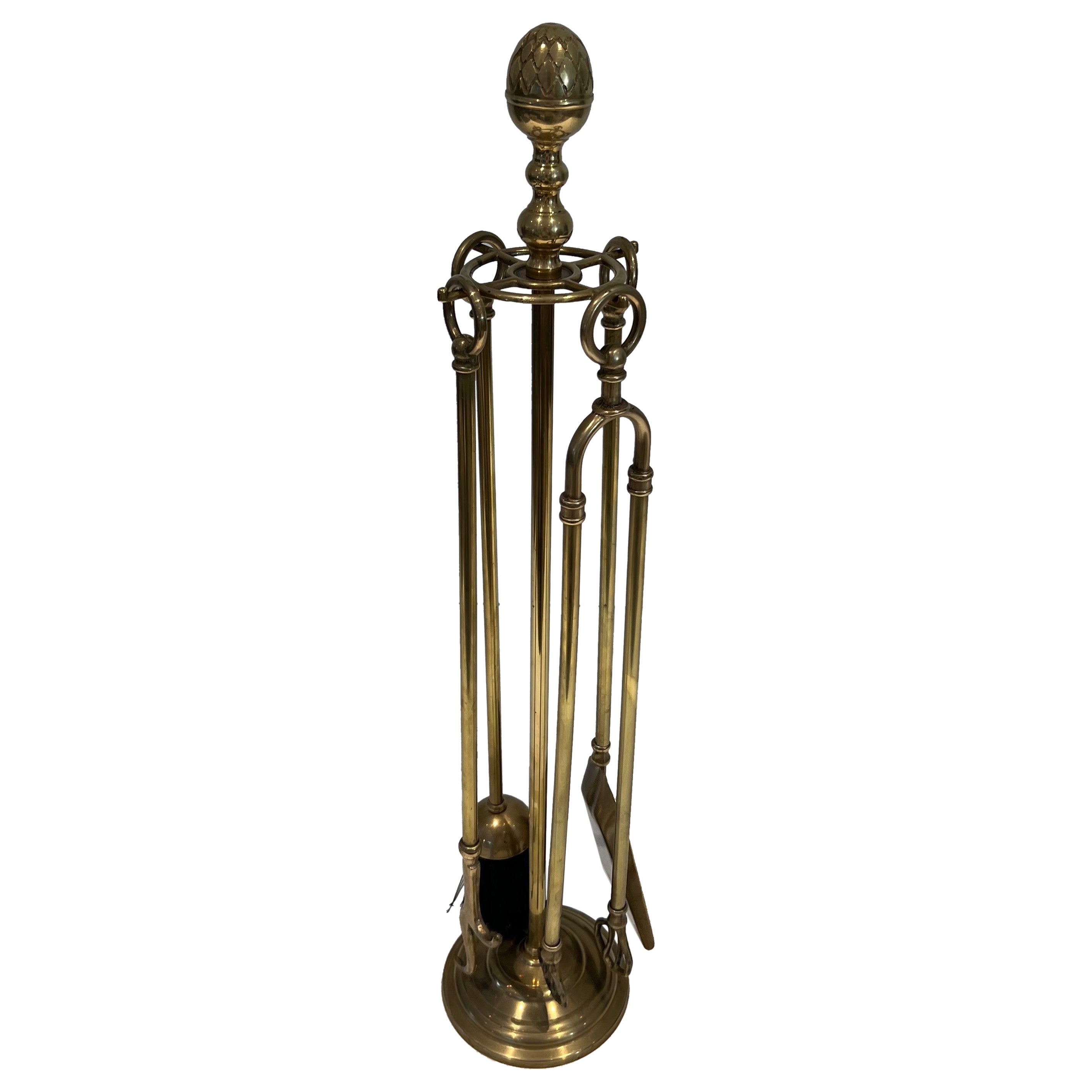Neoclassical Style Brass Fireplace Tools on Stand For Sale at 1stDibs