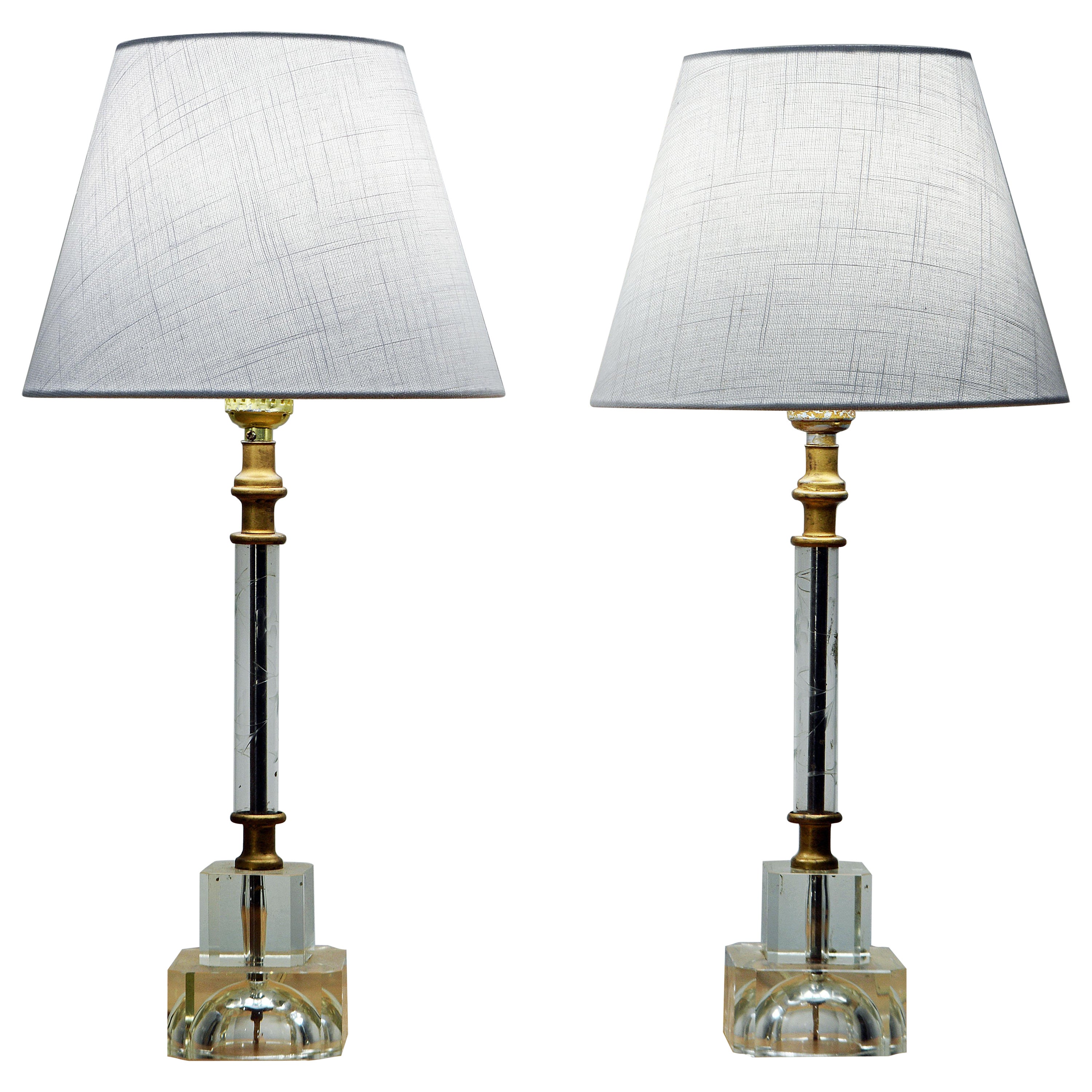 Pair of French Cut and Etched Crystal Art Deco Style Column Table Lamps ...