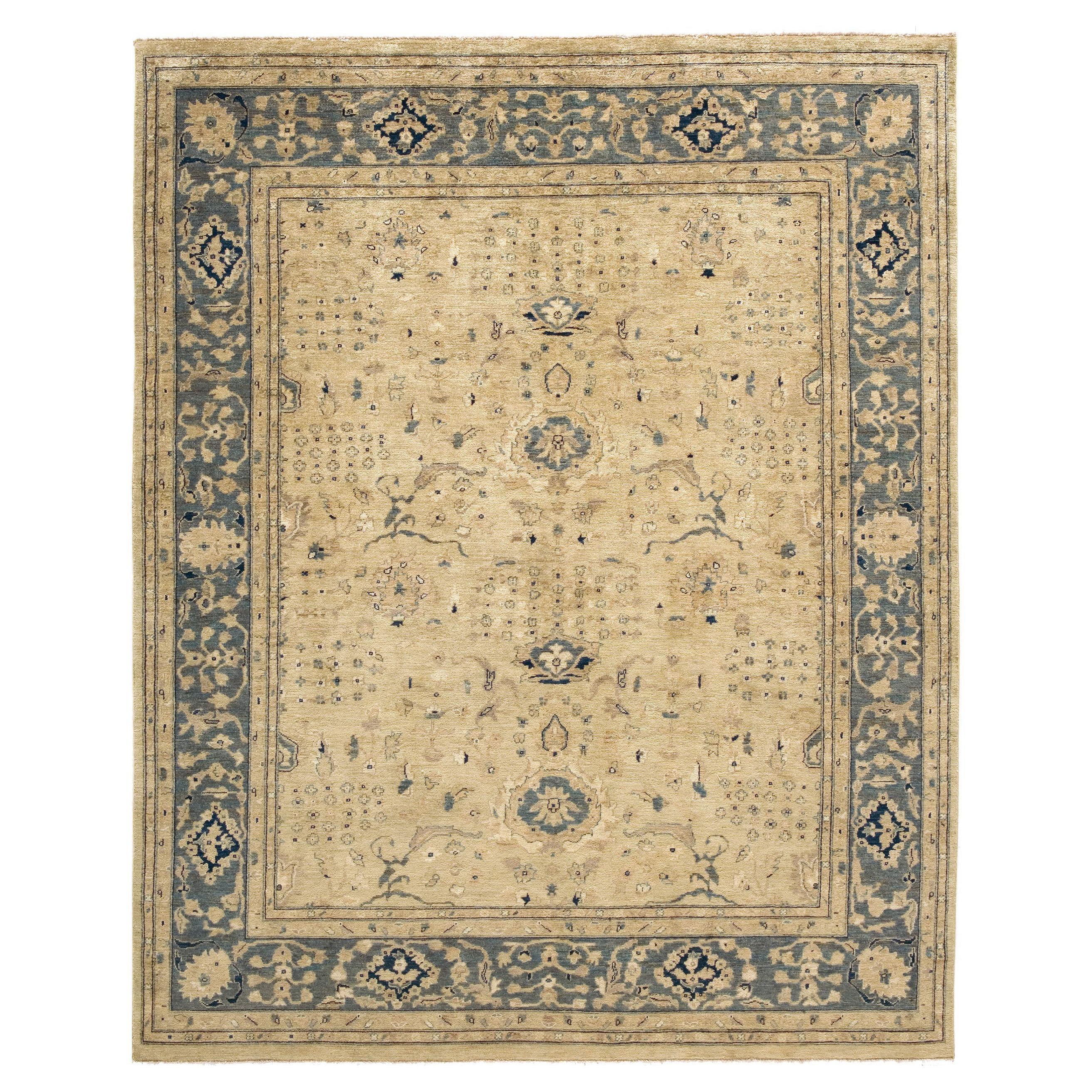 Luxury Traditional Hand-Knotted Ziegler Cream and Soft Blue Rug For ...